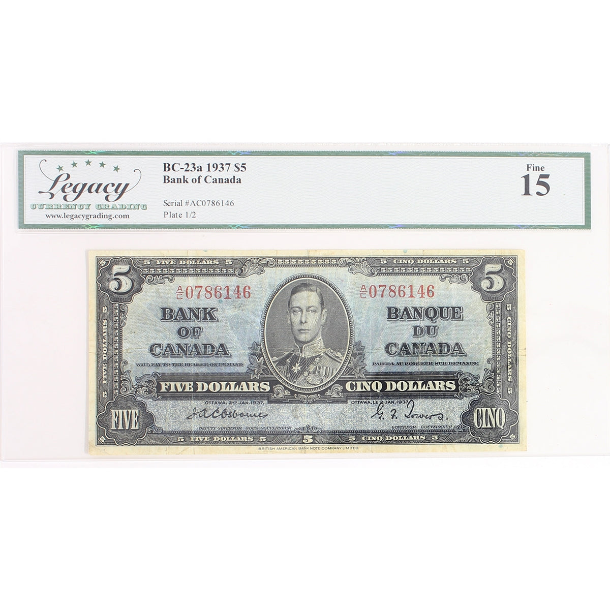 BC-23a 1937 Canada $5 Osborne-Towers, A/C, Legacy Certified F15 – Colonial Acres Coins