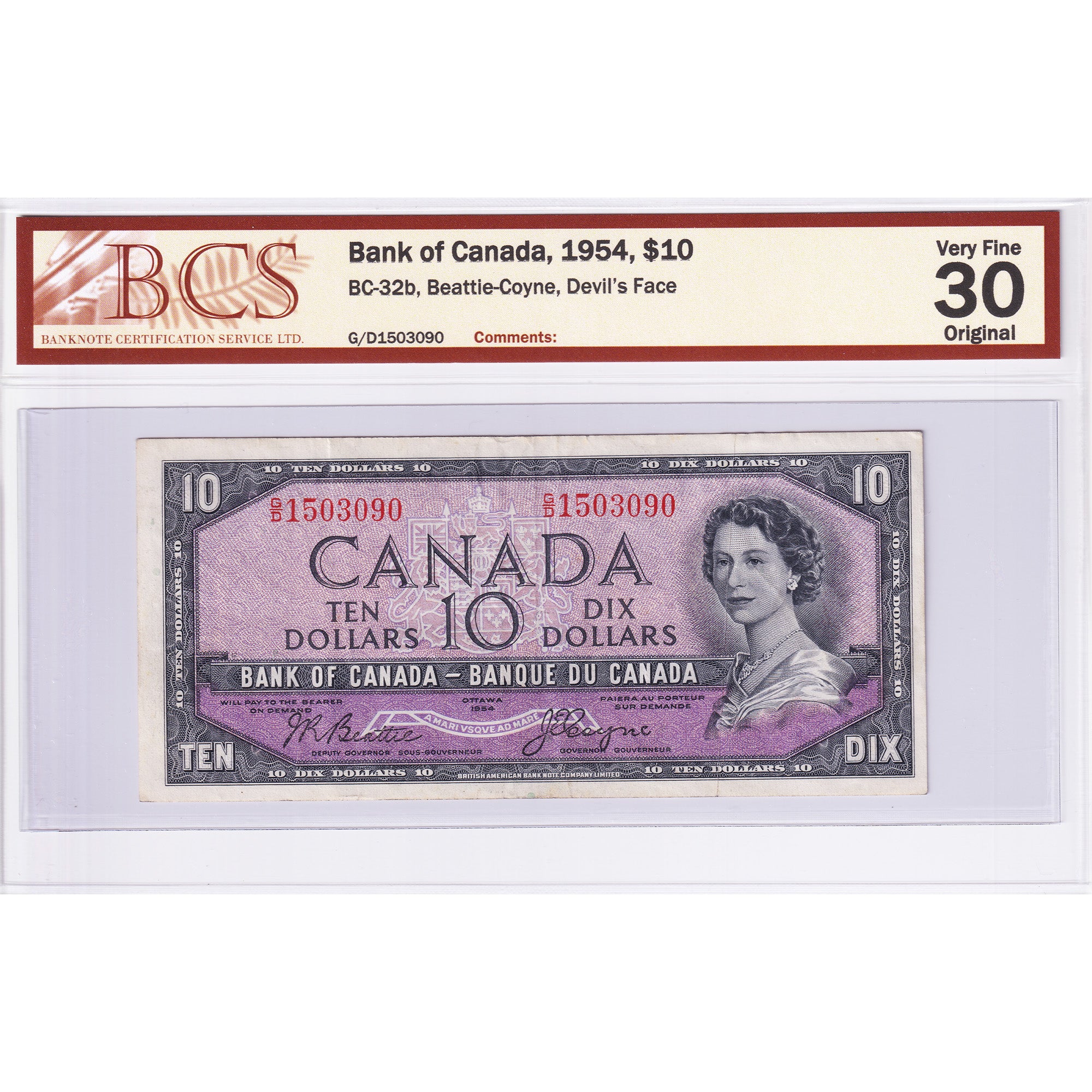 BC-32b 1954 Canada $10 Beattie-Coyne, Devil's Face, G/D BCS Certified – Colonial Acres Coins