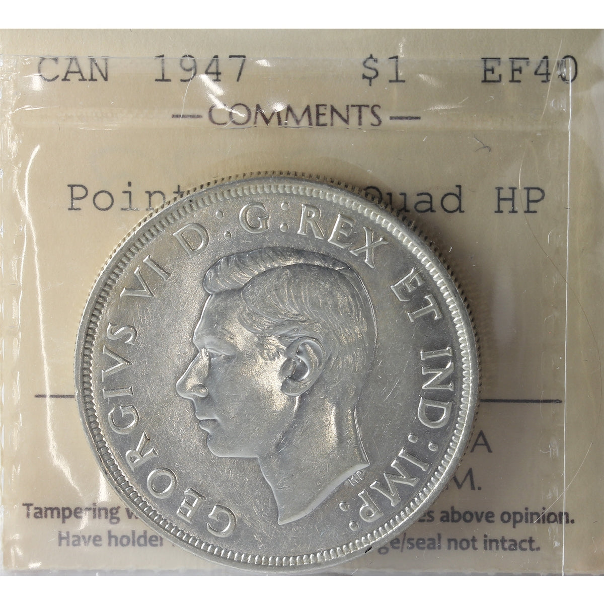 1947 Pointed 7, Quadruple Punch HP Canada Dollar ICCS Certified EF40 – Colonial Acres Coins