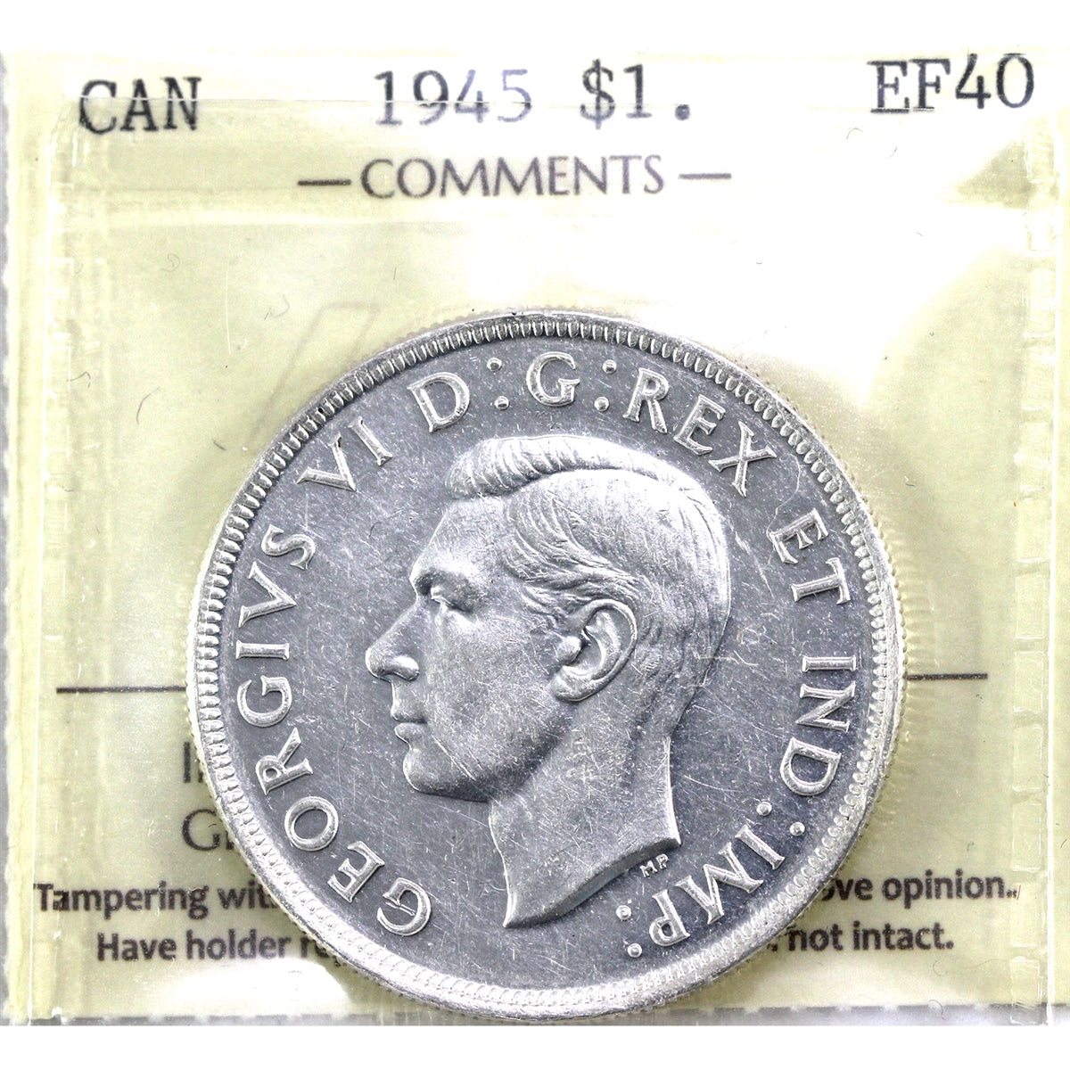 1945 Canada Dollar ICCS Certified EF40 – Colonial Acres Coins