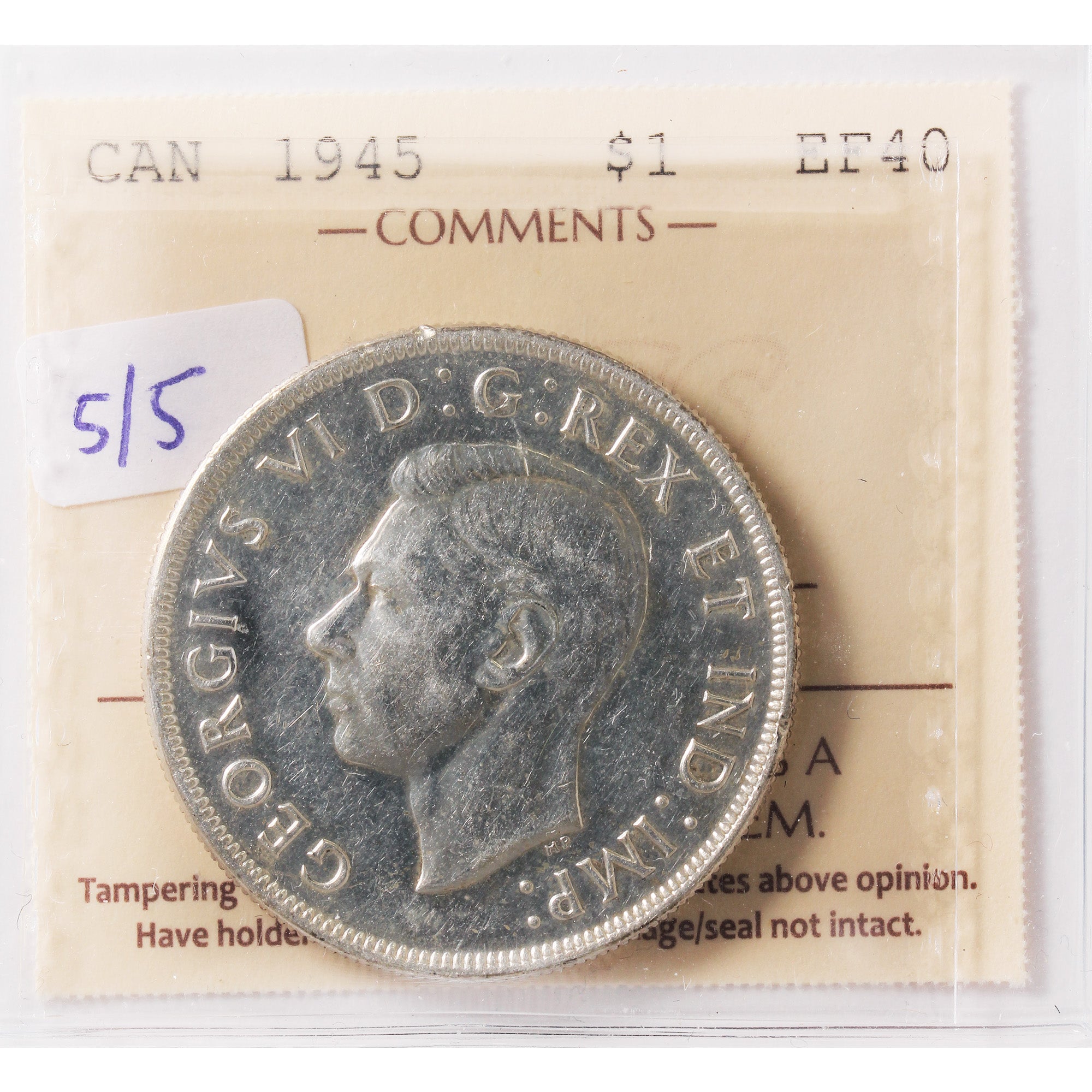 1945 5/5 Canada Dollar ICCS Certified EF40 – Colonial Acres Coins