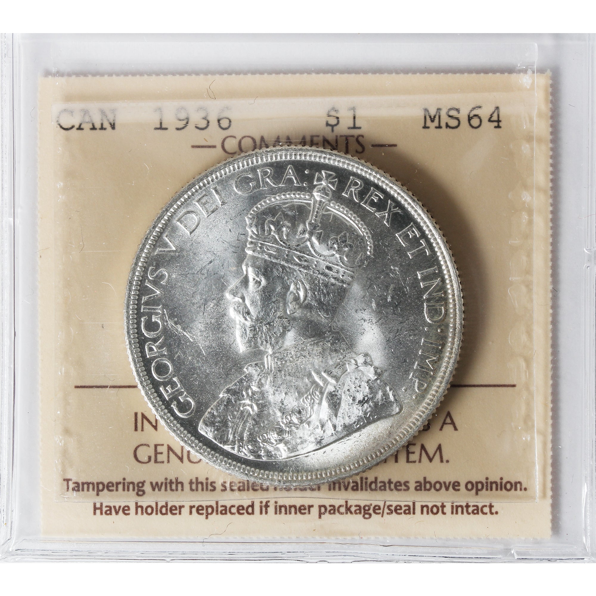 1936 Canada Dollar ICCS Certified MS64 (XHI 016) – Colonial Acres Coins