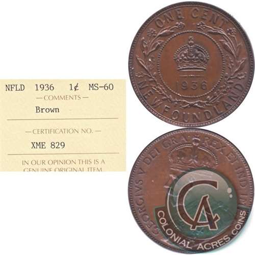 1936 Newfoundland 1-cent ICCS Certified MS-60 Brown – Colonial Acres Coins