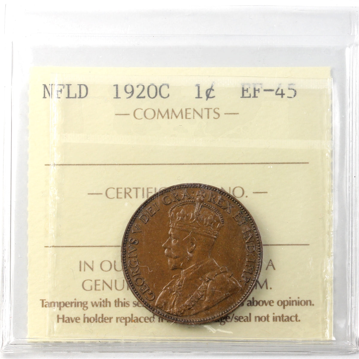 1920C Newfoundland 1-cent ICCS Certified EF-45 – Colonial Acres Coins