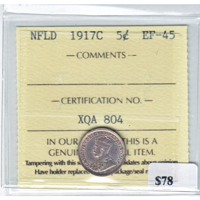1917C Newfoundland 5-cent ICCS Certified EF-45 – Colonial Acres Coins
