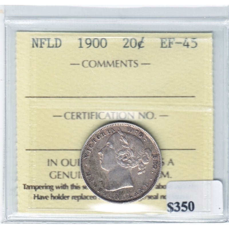 1900 Newfoundland 20-cent ICCS Certified EF-45 – Colonial Acres Coins