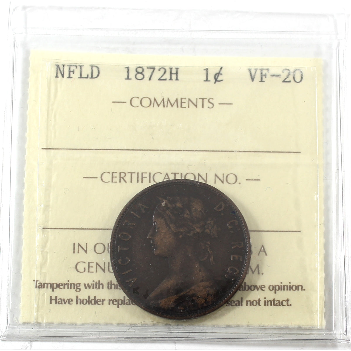1872H Newfoundland 1-cent ICCS Certified VF-20 – Colonial Acres Coins