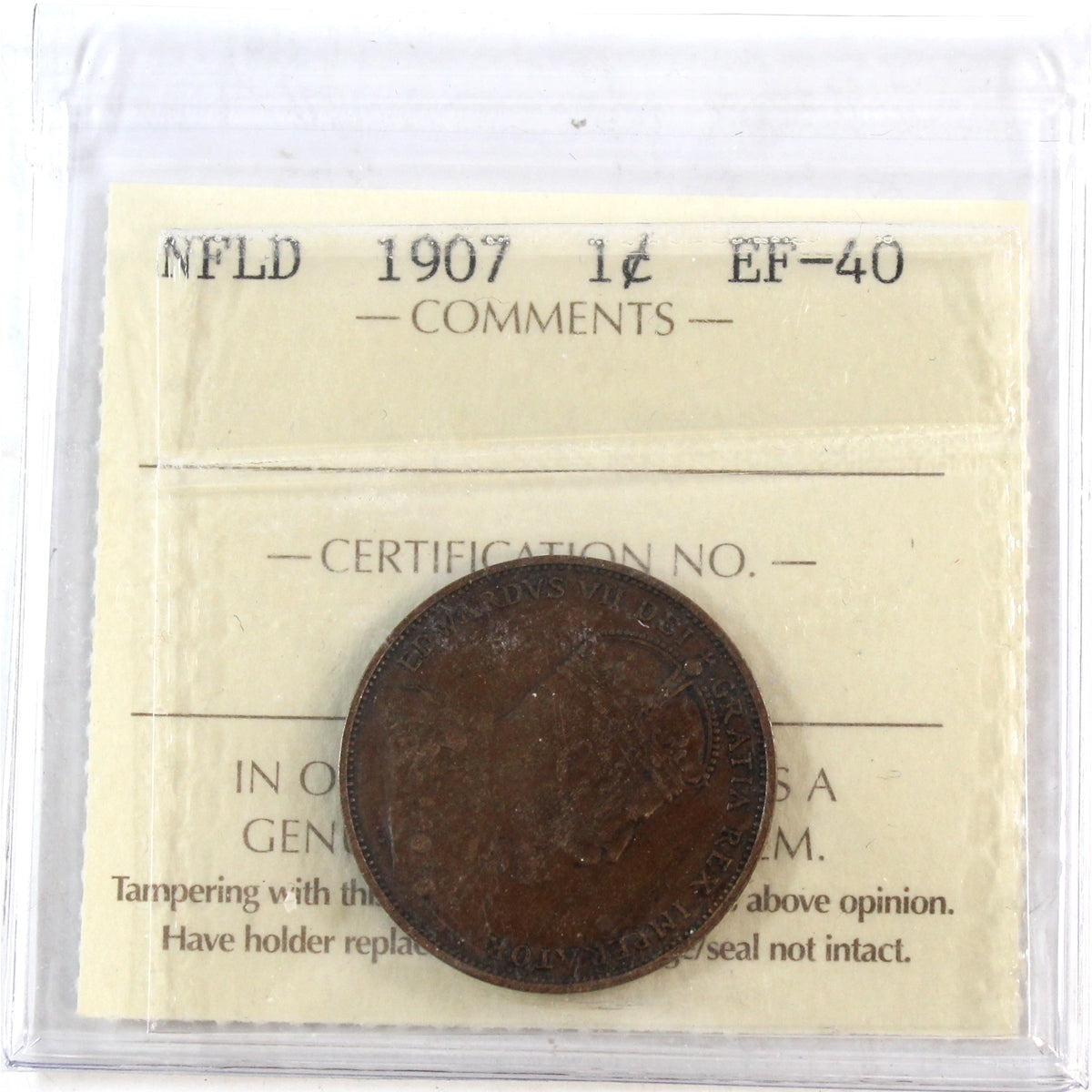 1907 Newfoundland 1-cent ICCS Certified EF-40 – Colonial Acres Coins