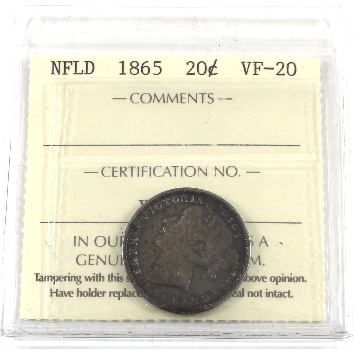 1865 Newfoundland 20-cents ICCS Certified VF-20 – Colonial Acres Coins