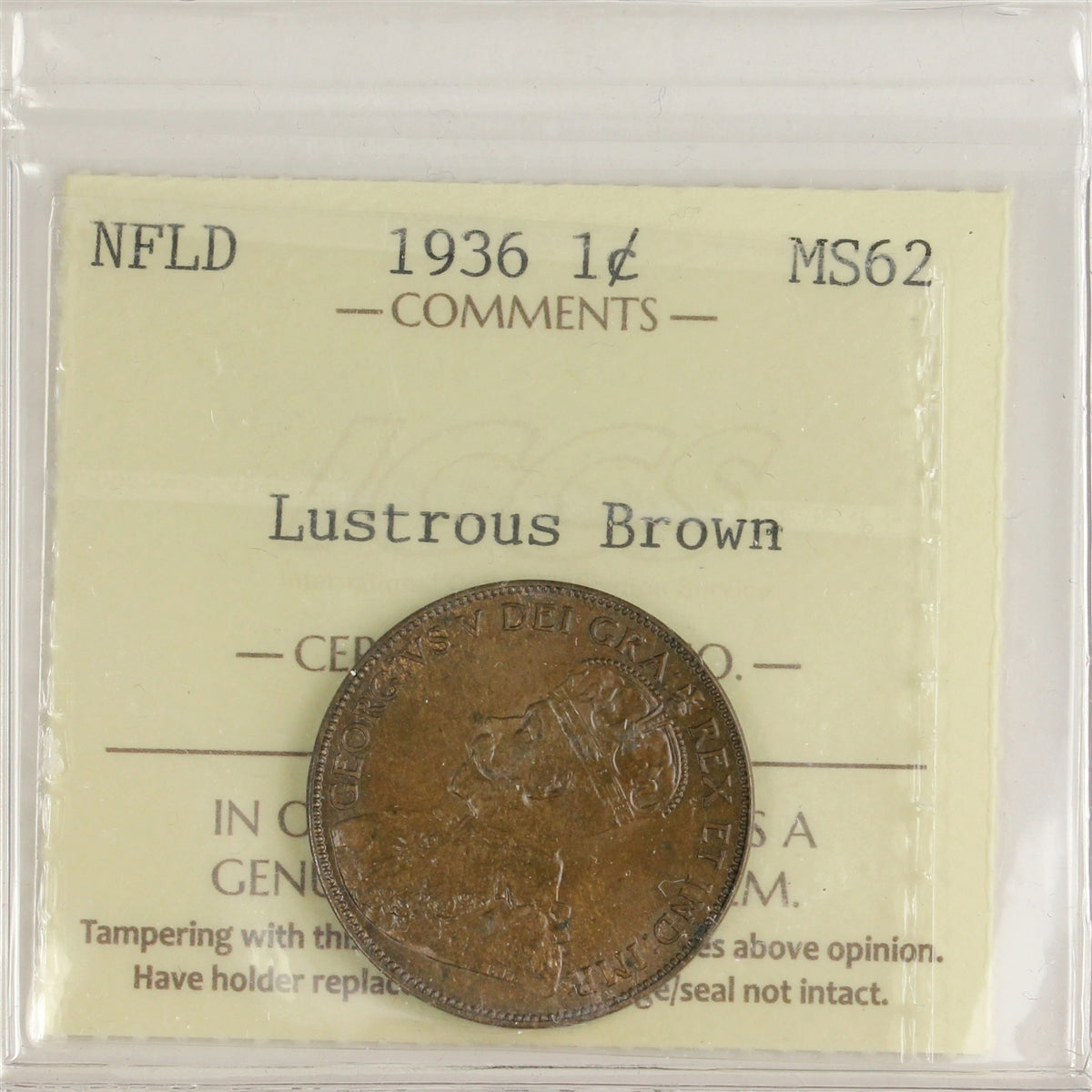 1936 Newfoundland 1-cent ICCS Certified MS-62 Lustrous Brown – Colonial Acres Coins