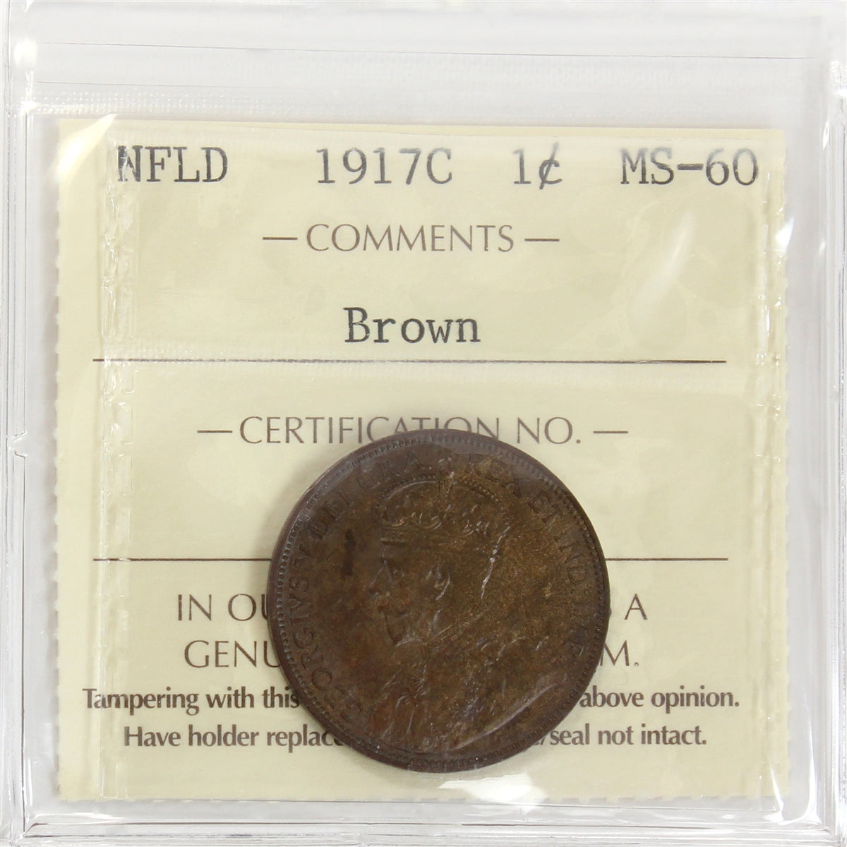 1917C Newfoundland 1-cent ICCS Certified MS-60 Brown – Colonial Acres Coins
