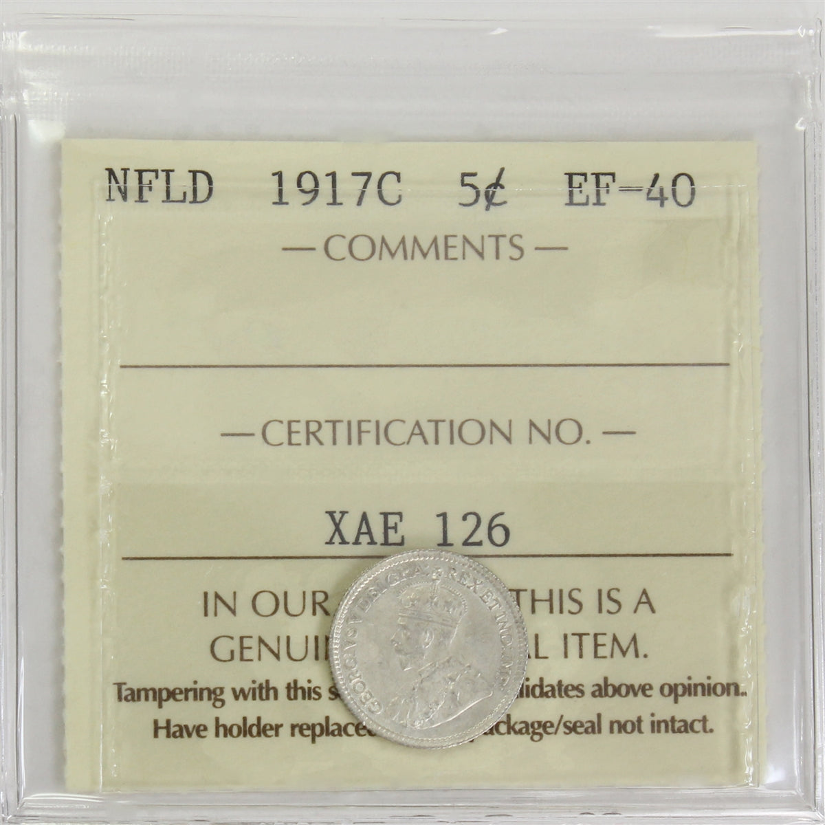 1917C Newfoundland 5-cents ICCS Certified EF-40 – Colonial Acres Coins