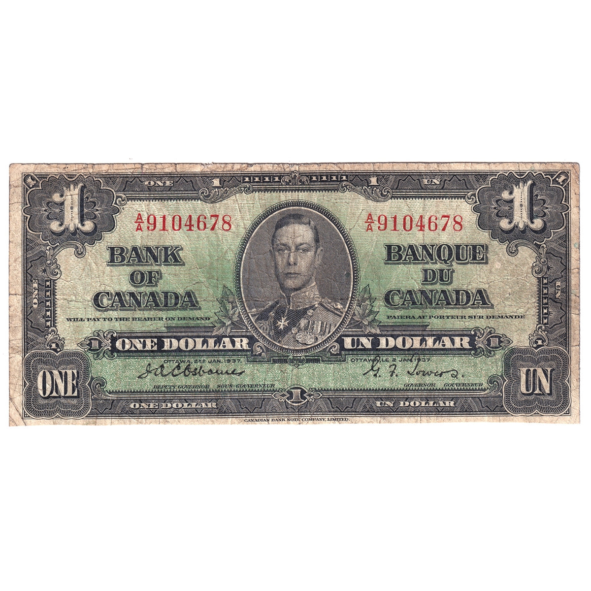 BC-21a 1937 Canada $1 Osborne-Towers, A/A, VG – Colonial Acres Coins