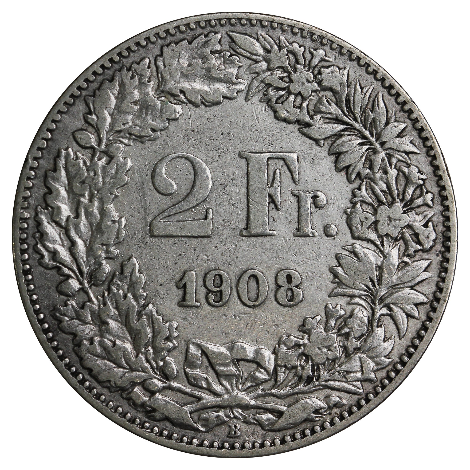 Switzerland 1908B 2 Francs Very Fine (VF20) – Colonial Acres Coins