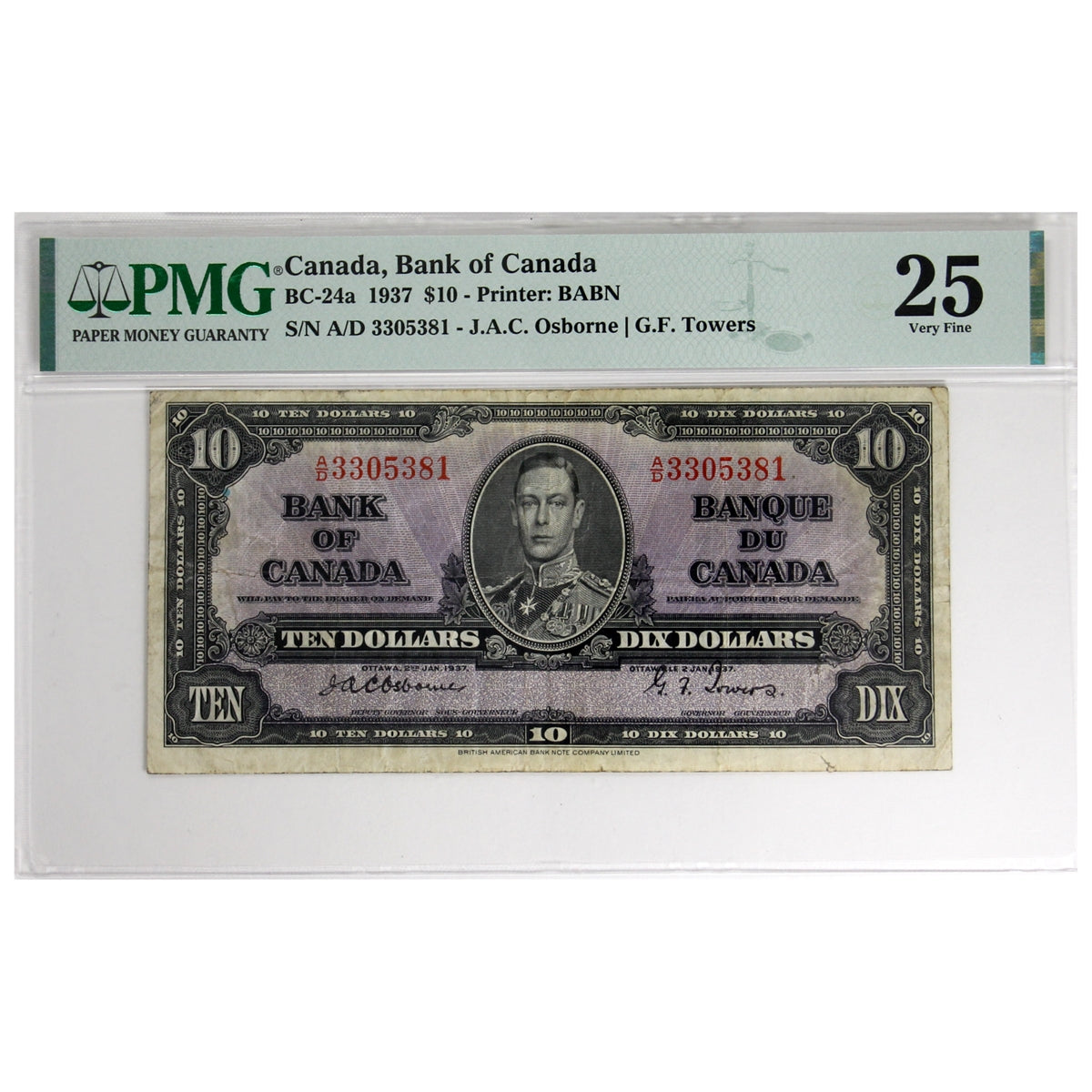 BC-24a 1937 Canada $10 Osborne-Towers, A/D, PMG Certified VF-25 – Colonial Acres Coins