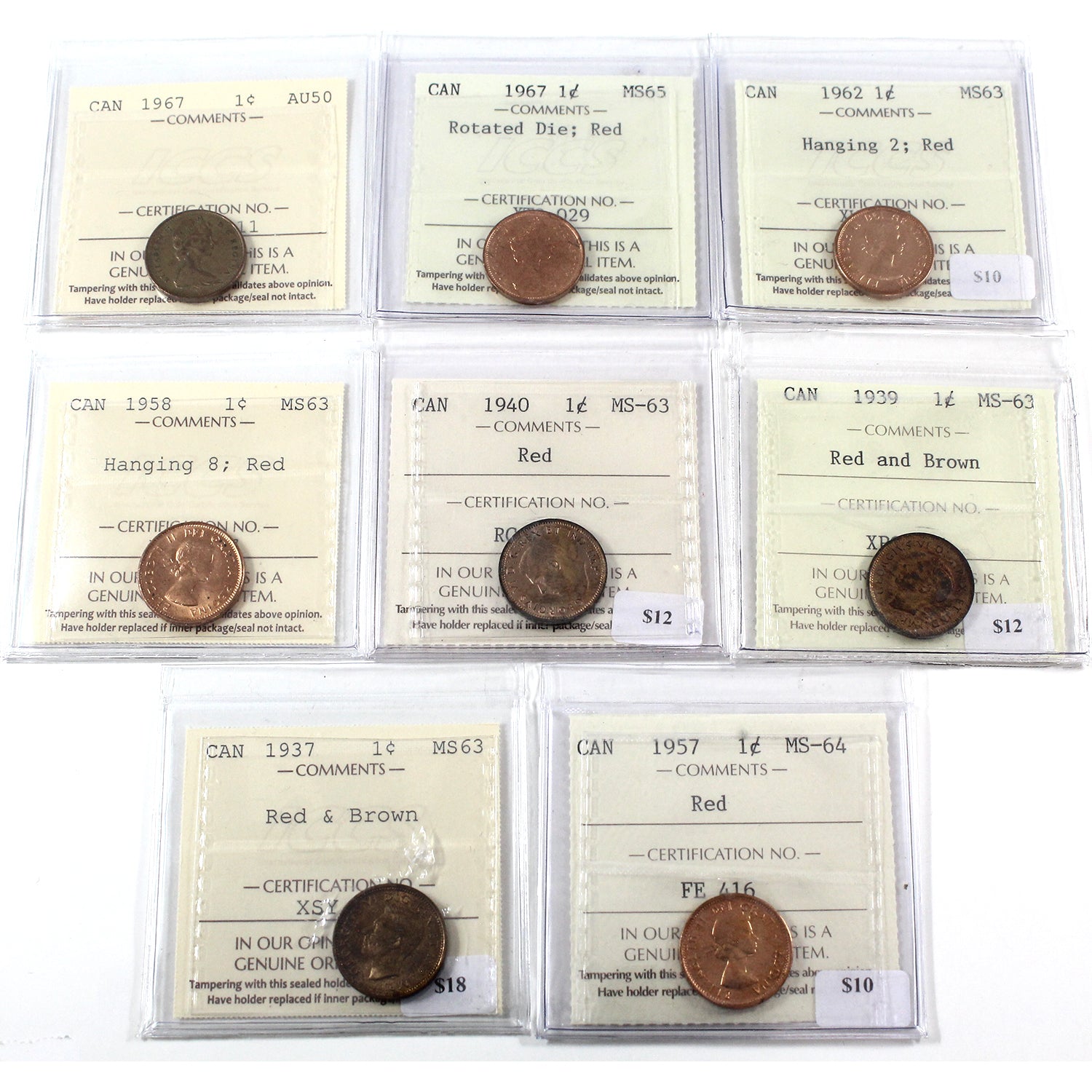 Lot of 8x 1937-1967 Canada 1-cent ICCS Certified AU-50 to MS-65, 8Pcs. – Colonial Acres Coins