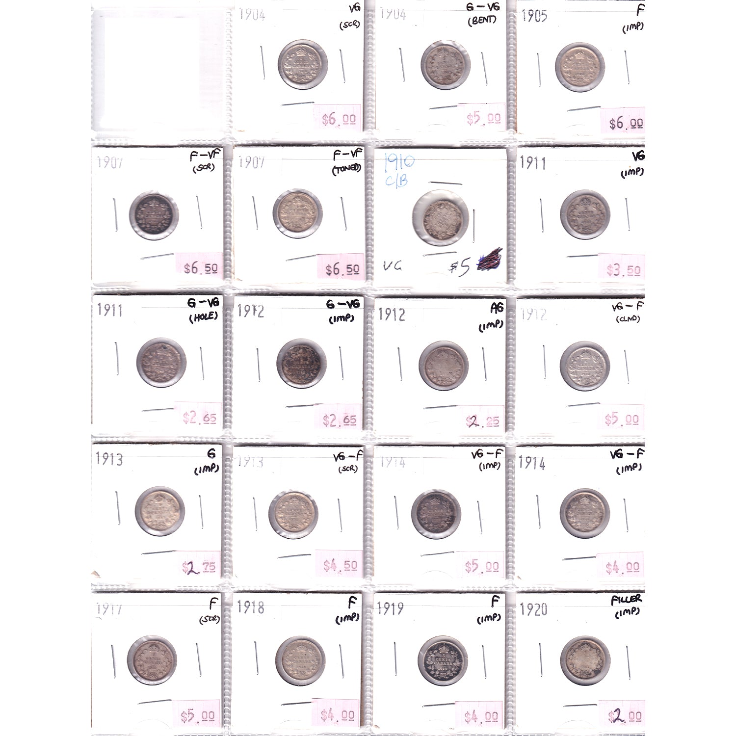 Lot of 19x 1904-1920 Canada 5-cents, Filler to F-VF, 20Pcs. (Impaired) – Colonial Acres Coins