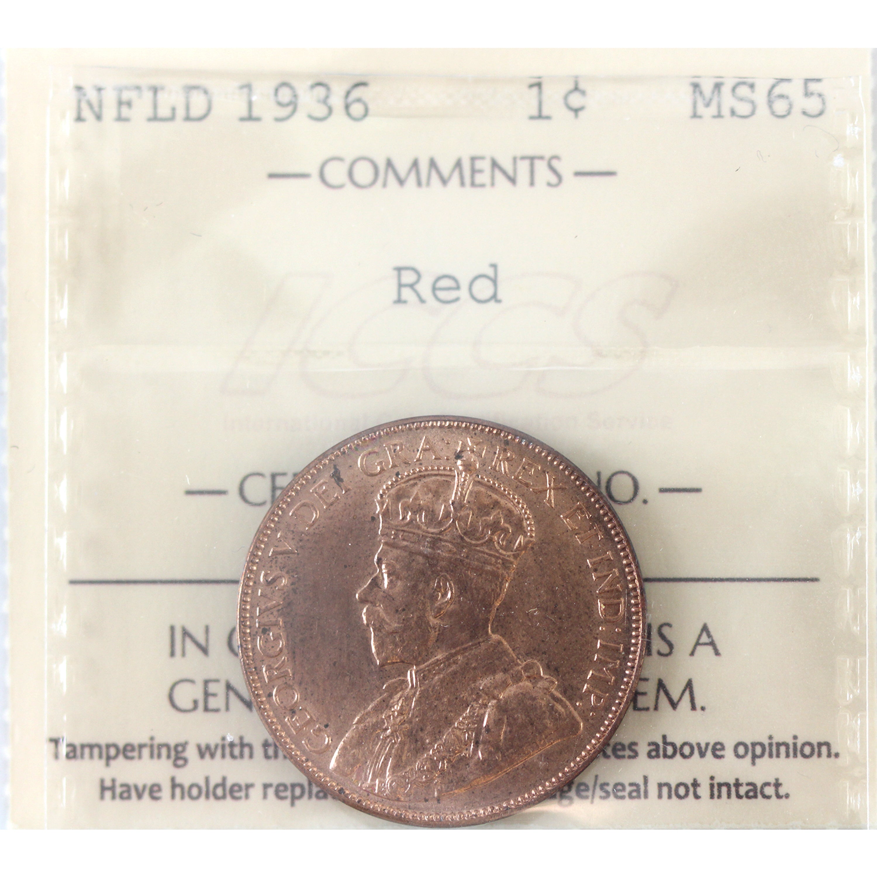 1936 Newfoundland 1-cent ICCS Certified MS-65 Red at Colonial Acres Coins