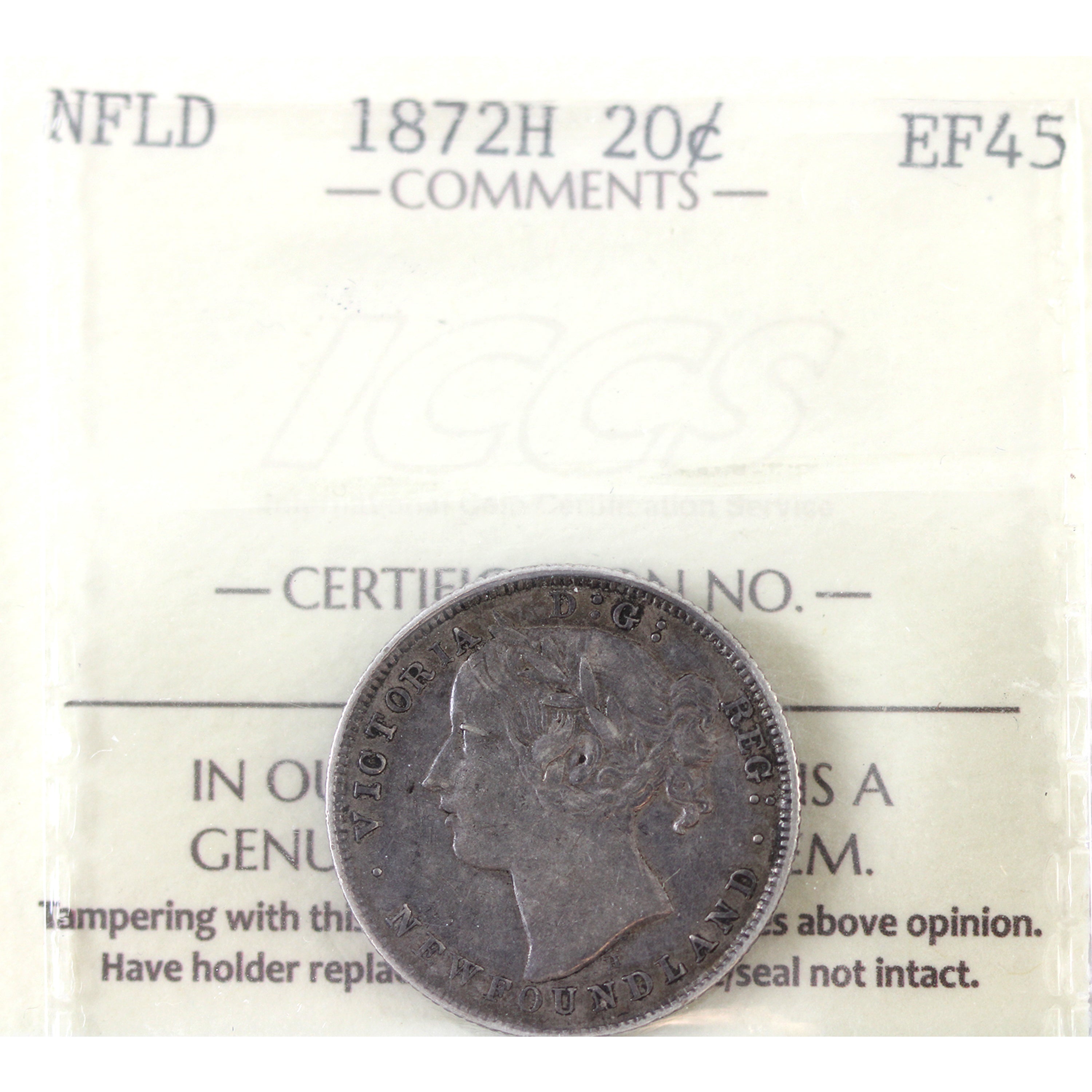 1872H Newfoundland 20-cents ICCS Certified EF-45 at Colonial Acres Coins