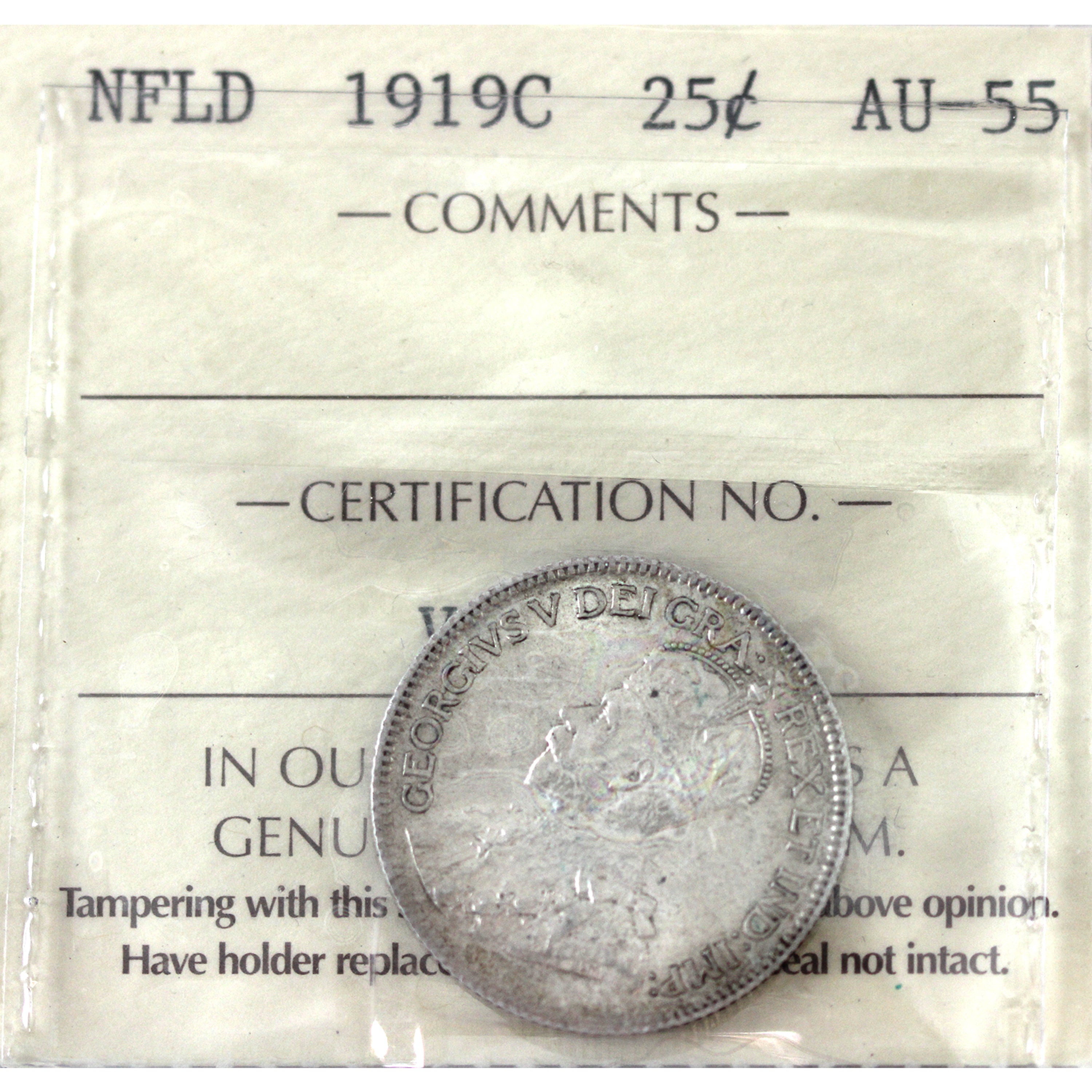 1919C Newfoundland 25-cents ICCS Certified AU55 – Colonial Acres Coins