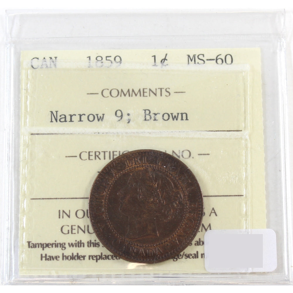 1859 Narrow 9 Canada 1-cent ICCS Certified MS-60 Brown – Colonial Acres Coins