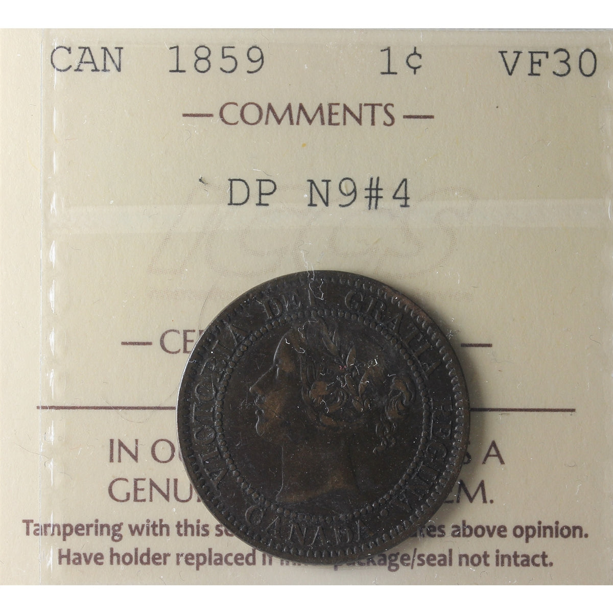 1859 DP N9 #4 Canada 1-cent ICCS Certified VF-30 at Colonial Acres Coins