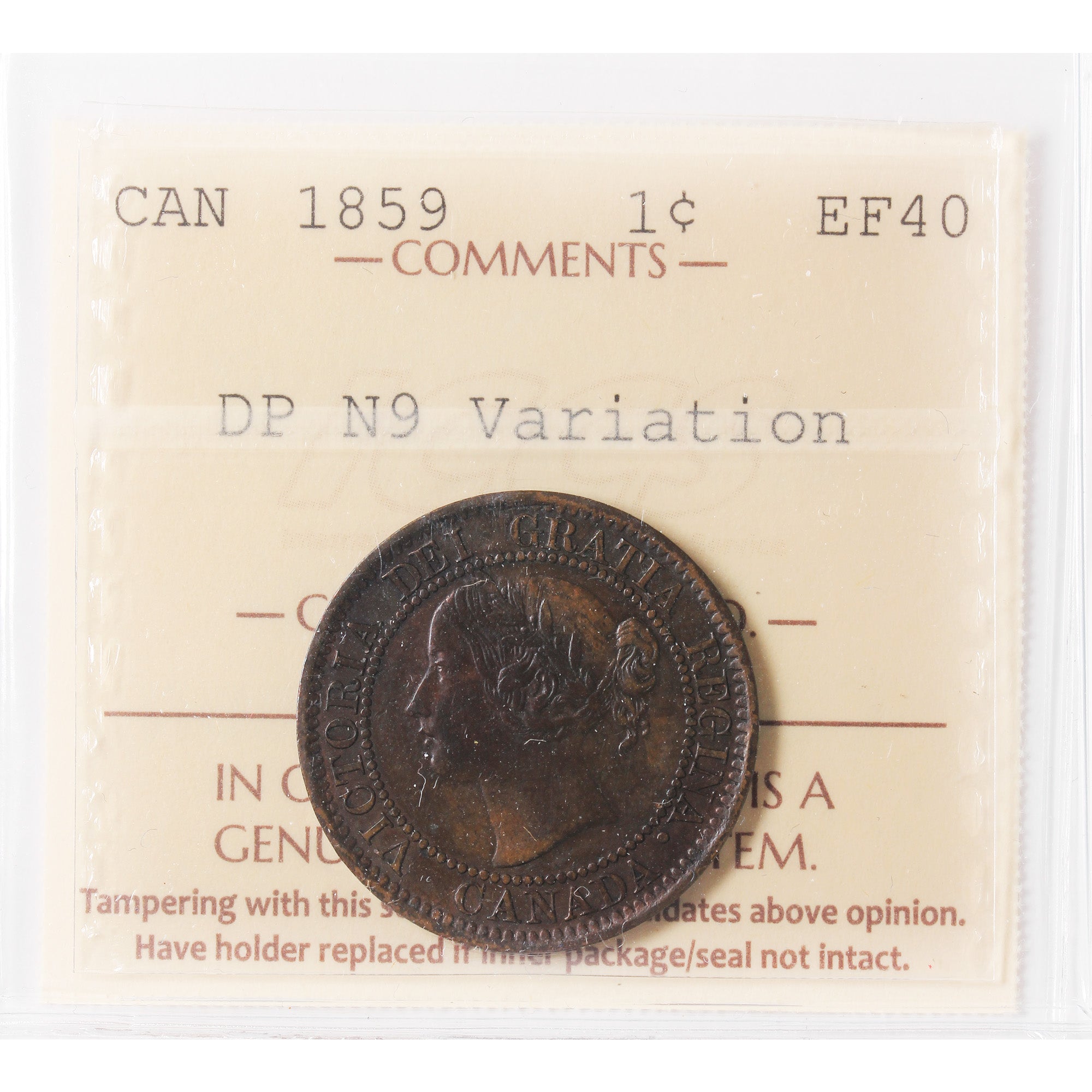 1859 DP N9 Canada 1-cent ICCS Certified EF40 – Colonial Acres Coins