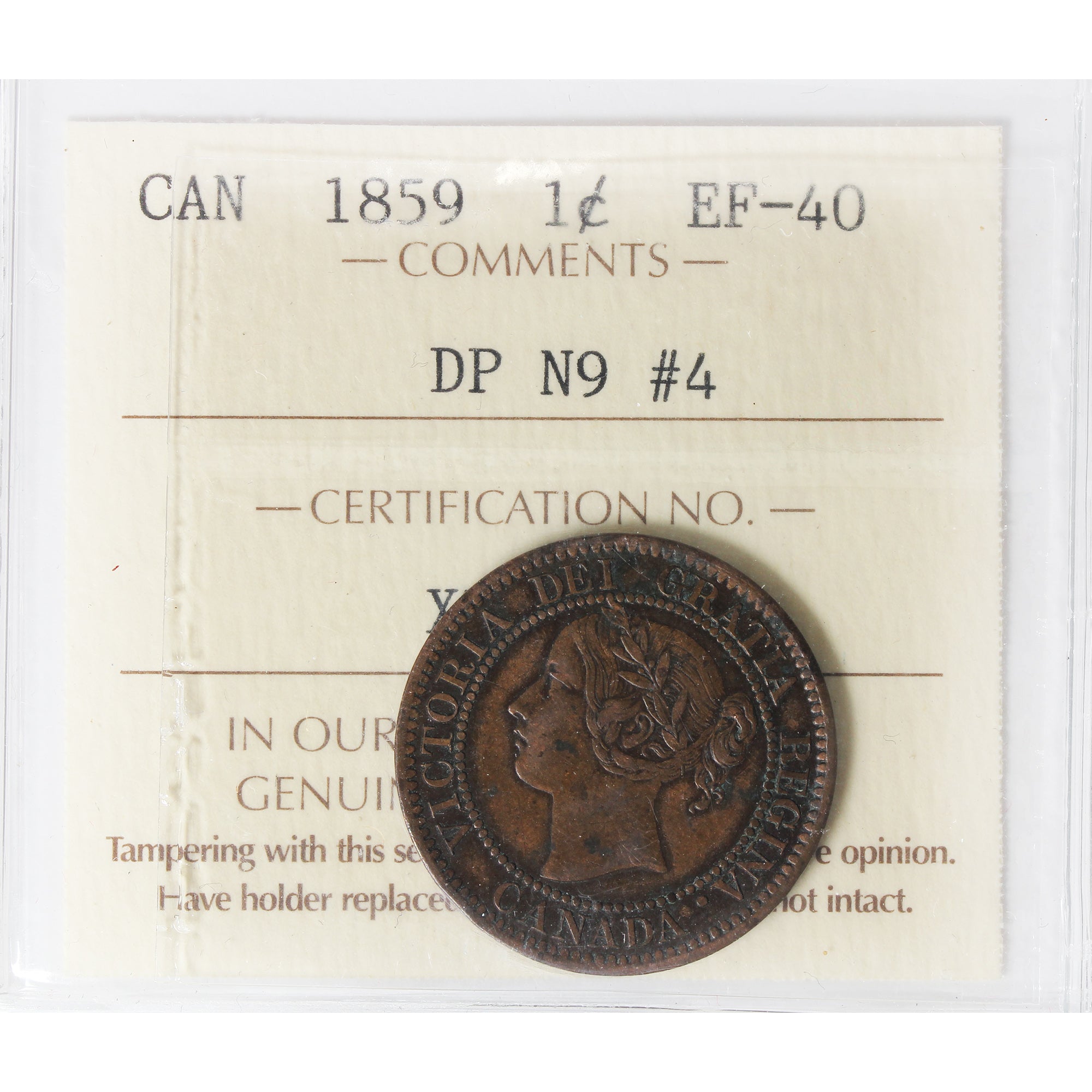 1859 DP N9 #4 Canada 1-cent ICCS Certified EF40 – Colonial Acres Coins