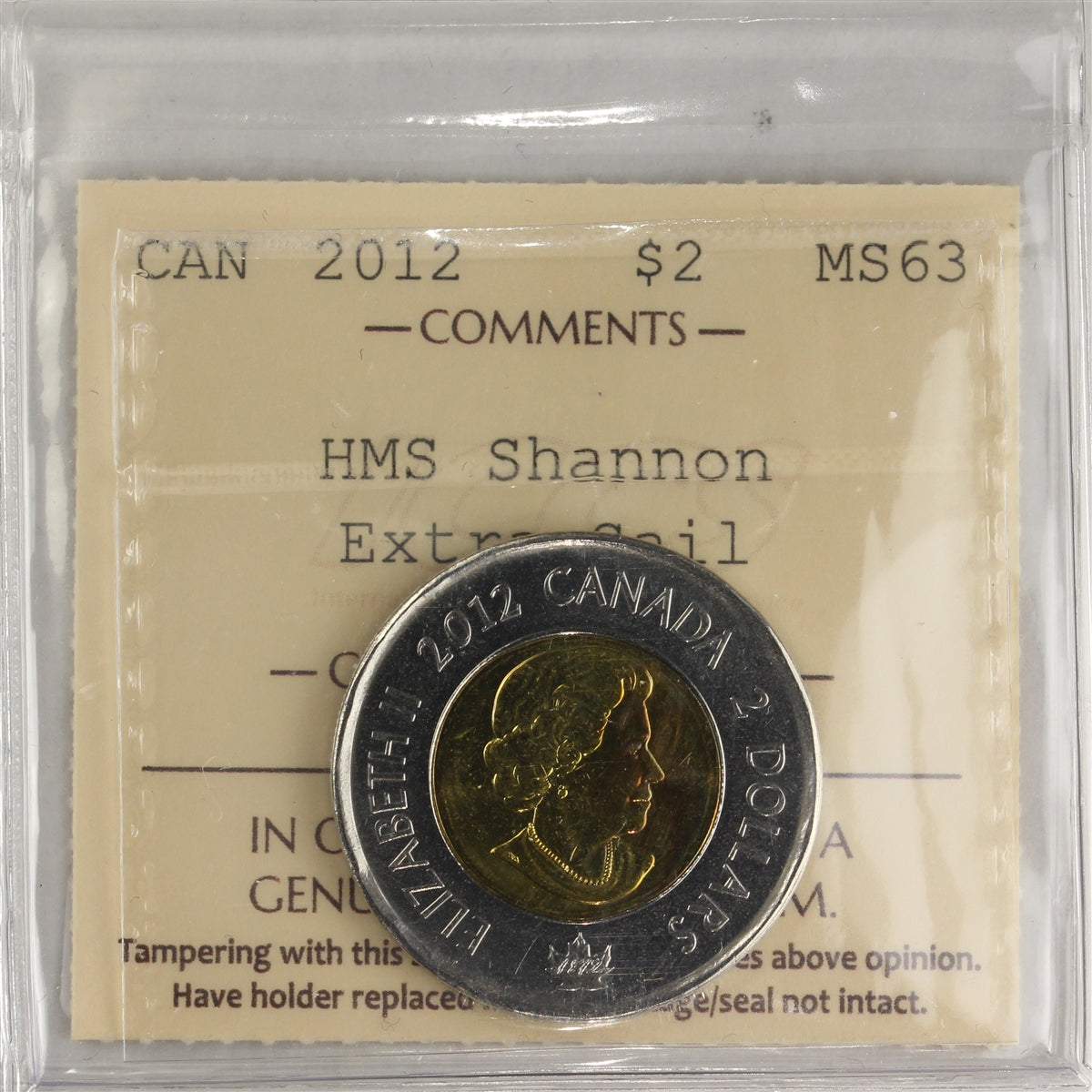 2012 HMS Shannon, Extra Sail Canada Two Dollar ICCS Certified MS63 – Colonial Acres Coins