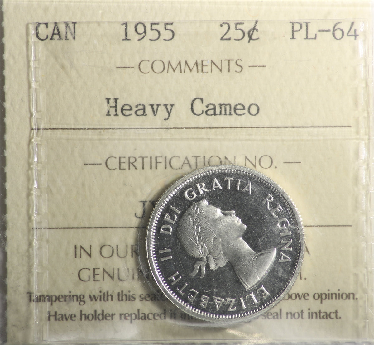1955 Canada 25-cents ICCS Certified PL-64 Heavy Cameo – Colonial Acres ...