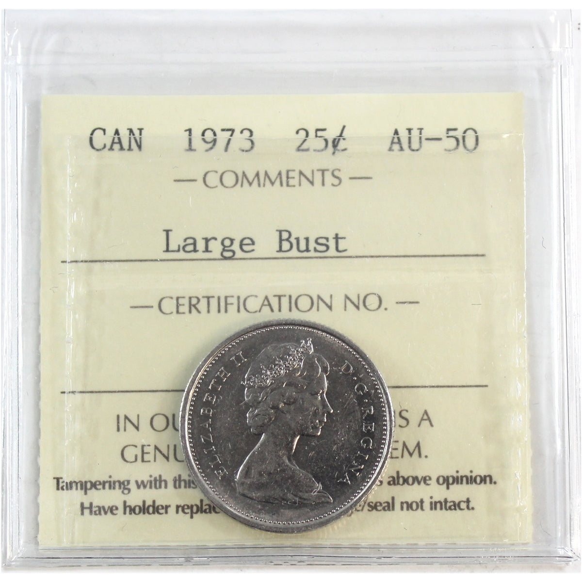 1973 Large Bust Canada 25-cents ICCS Certified AU50 – Colonial Acres Coins