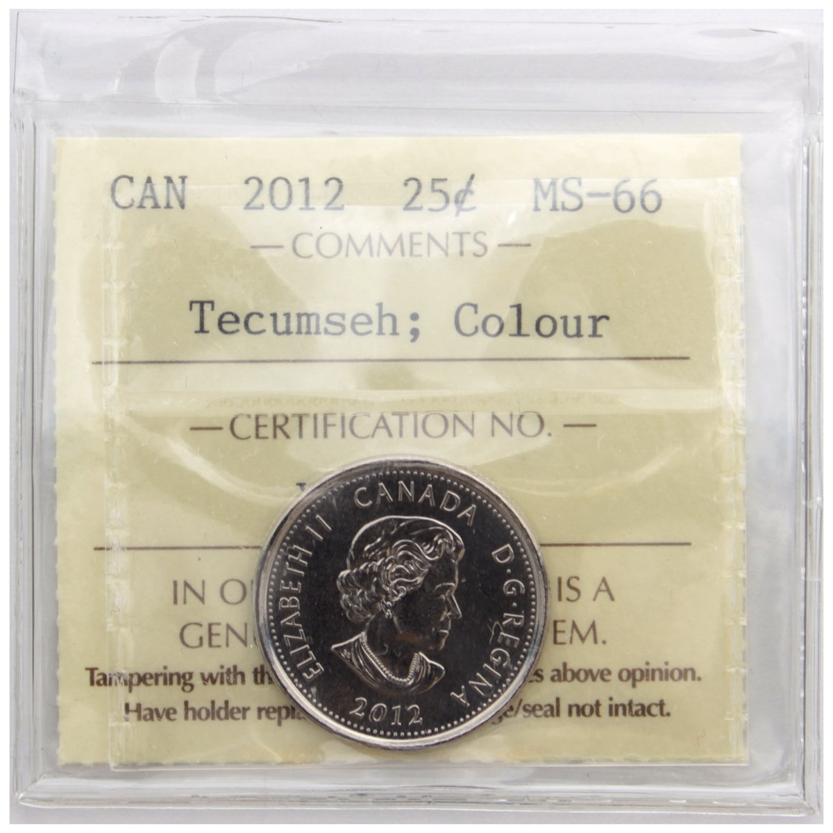 2012 Tecumseh Coloured Canada 25-cents ICCS Certified MS66 – Colonial ...