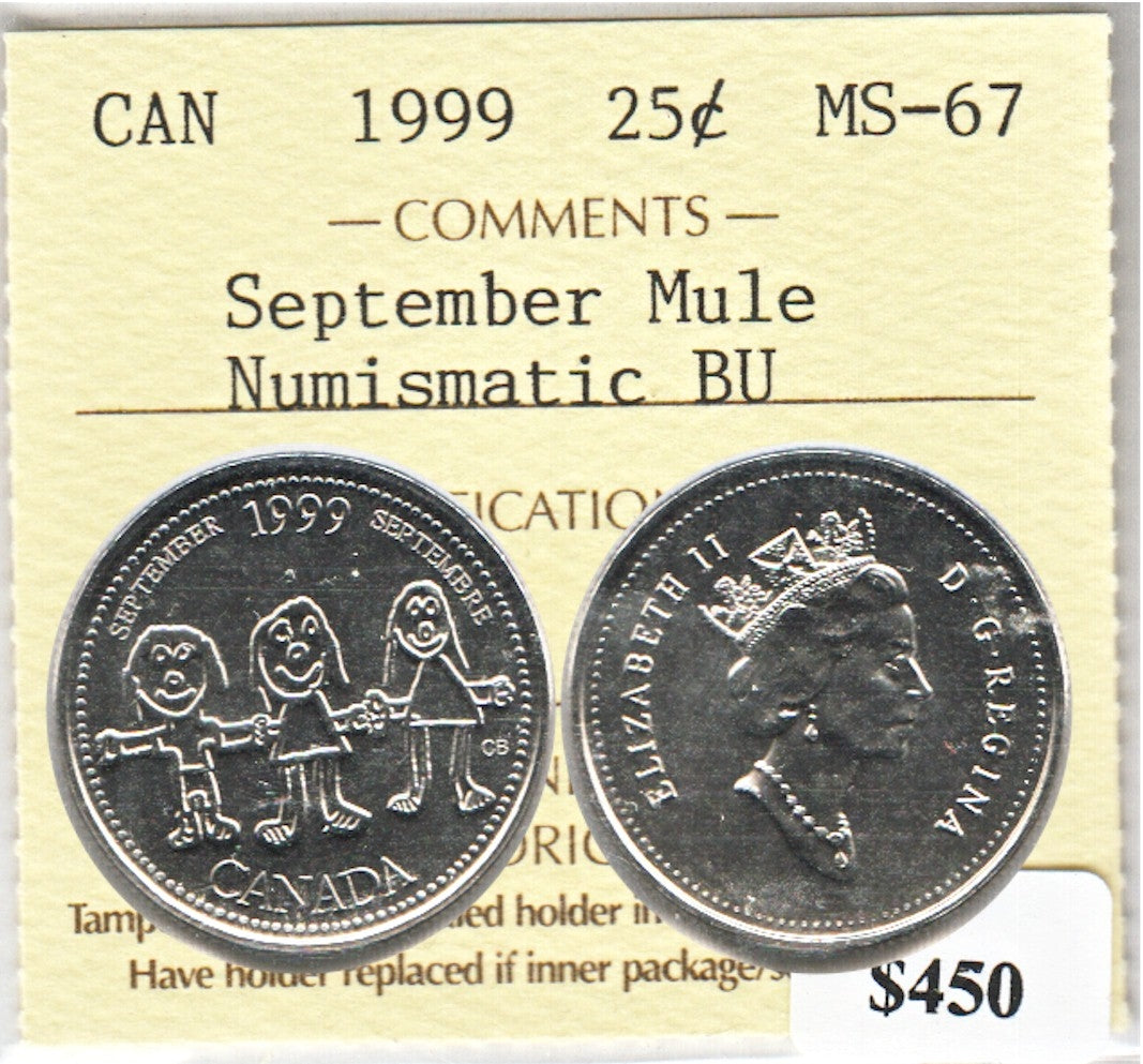 1999 September Mule Canada 25-cents ICCS Certified MS-67 NBU – Colonial ...