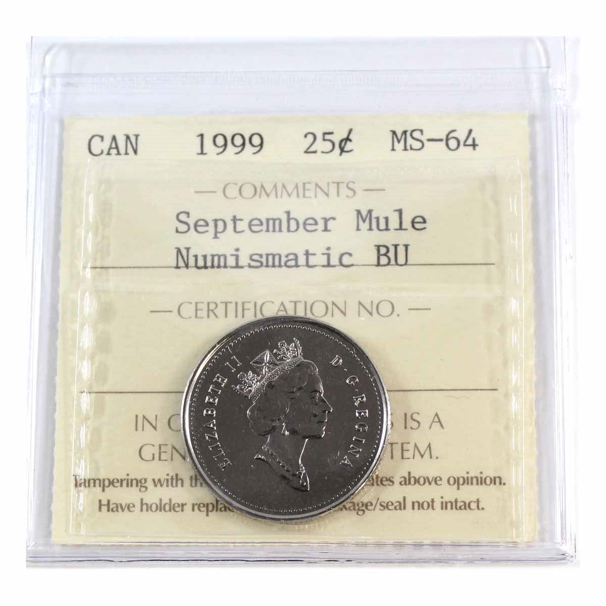 1999 September Mule Canada 25-cents ICCS Certified MS64 NBU – Colonial ...