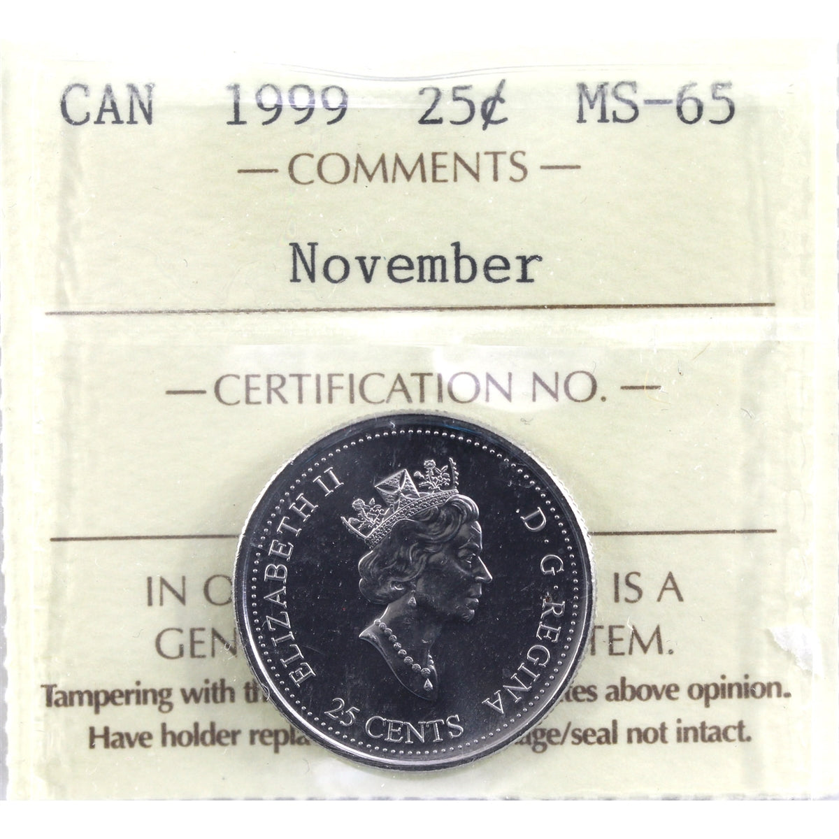 1999 November Canada 25-cents ICCS Certified MS65 – Colonial Acres Coins
