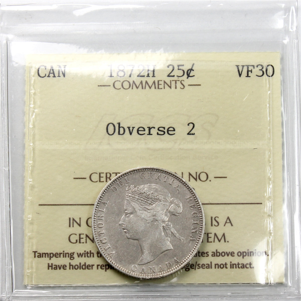 1872H Obv. 2 Canada 25-cents ICCS Certified VF30 – Colonial Acres Coins