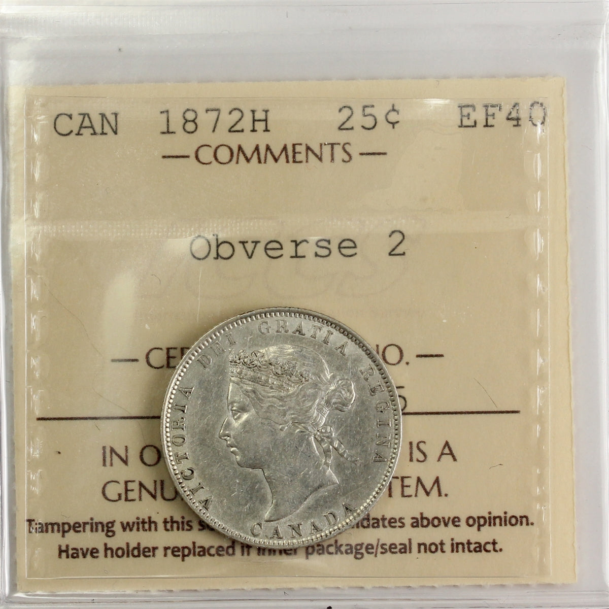 1872H Obv. 2 Canada 25-cents ICCS Certified EF40 – Colonial Acres Coins