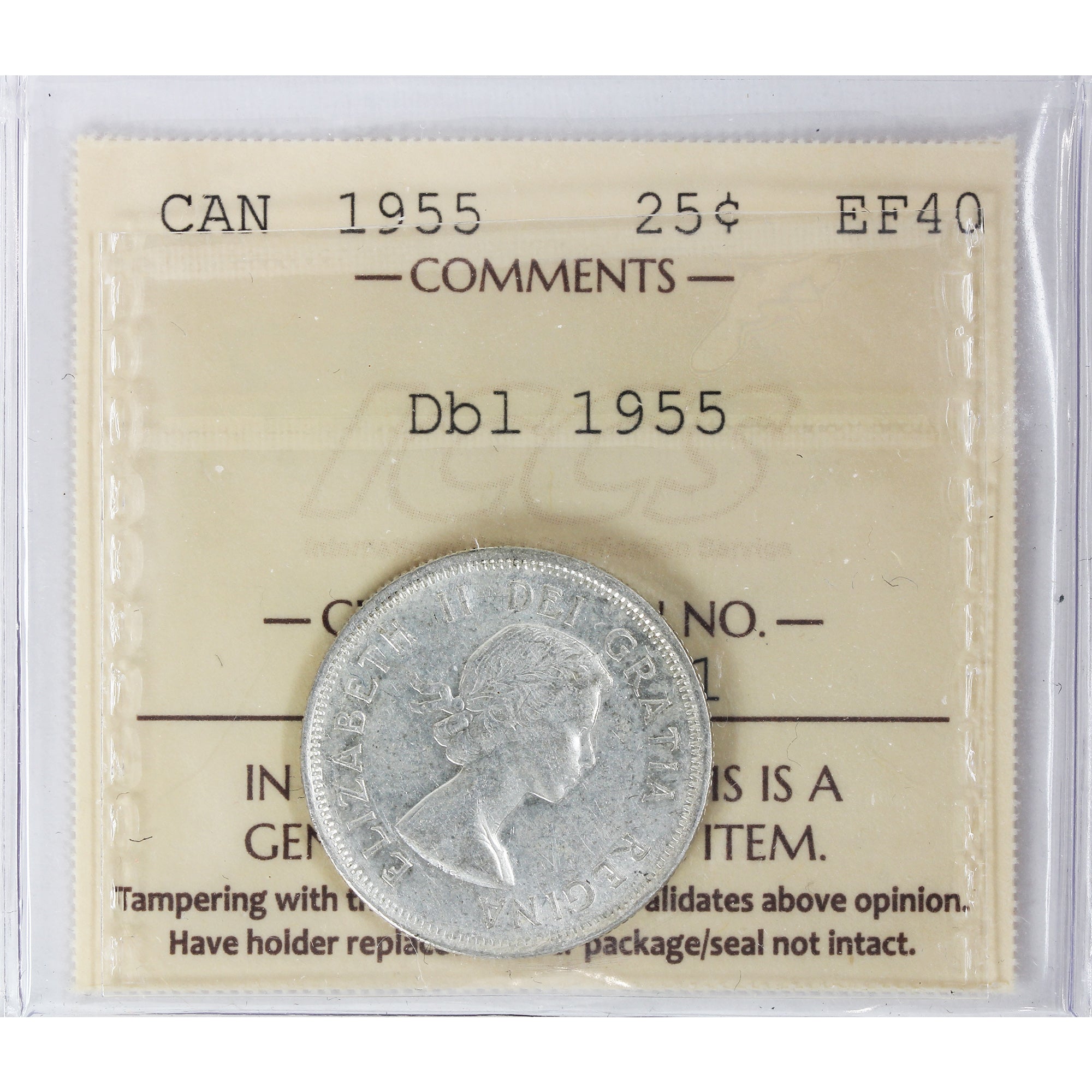 1955 Double 1955 Canada 25-cents ICCS Certified EF40 – Colonial Acres Coins