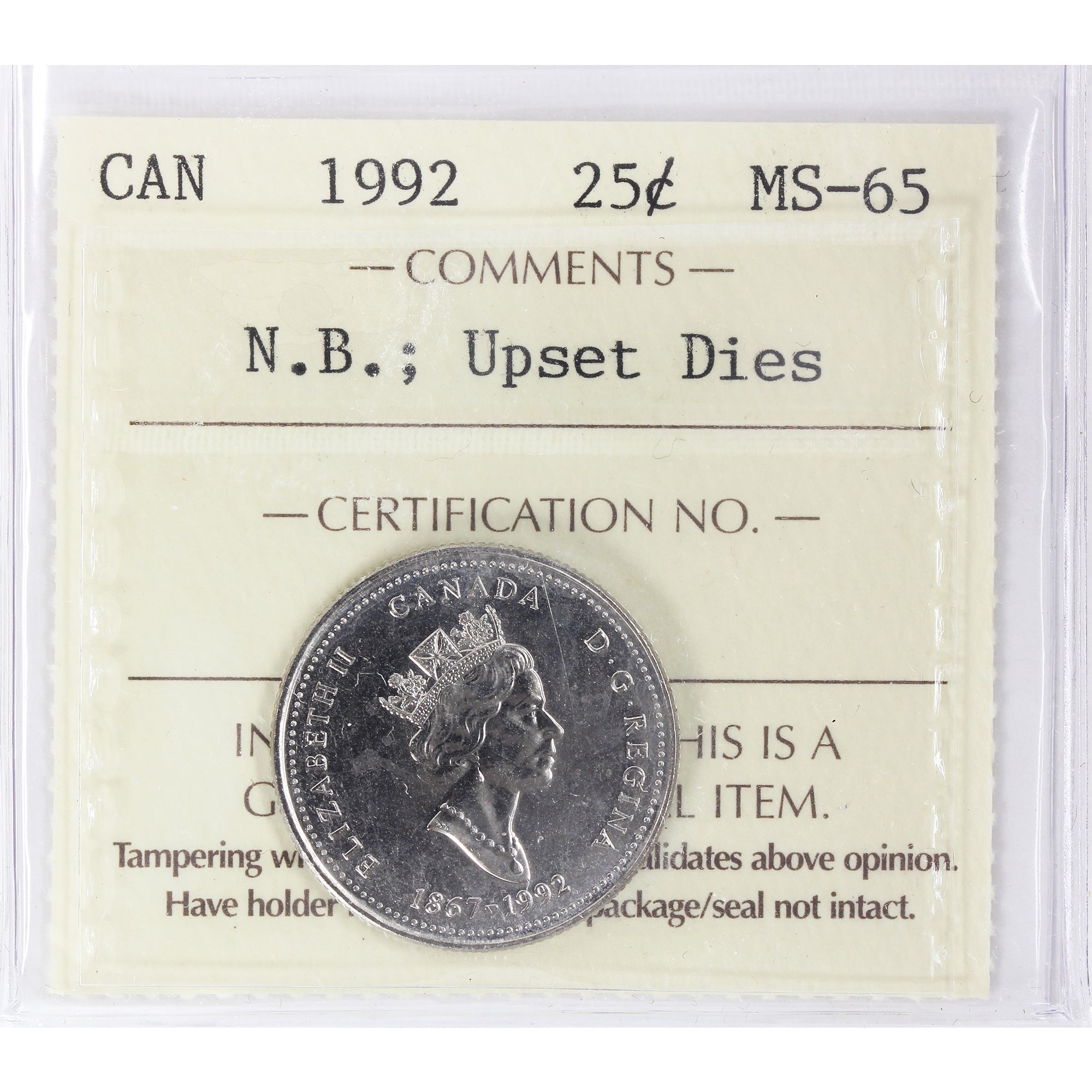 1992 New Brunswick, Upset Dies (Coinage) Canada 25-cents ICCS Certifie ...