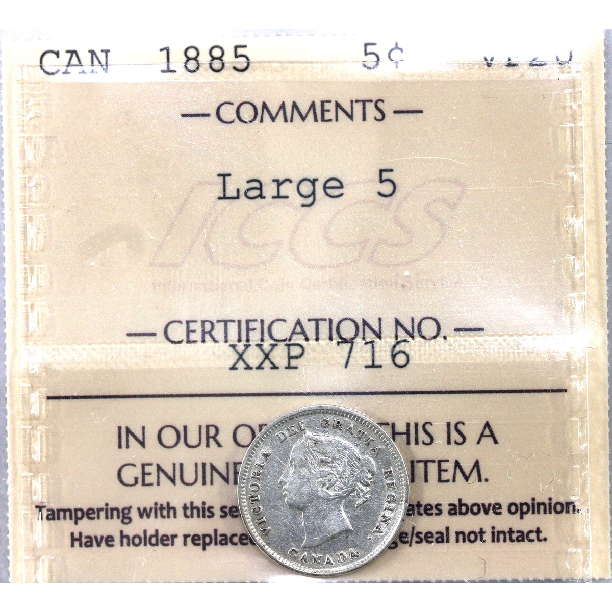 1885 Large 5 Canada 5-cents ICCS Certified VF20 – Colonial Acres Coins