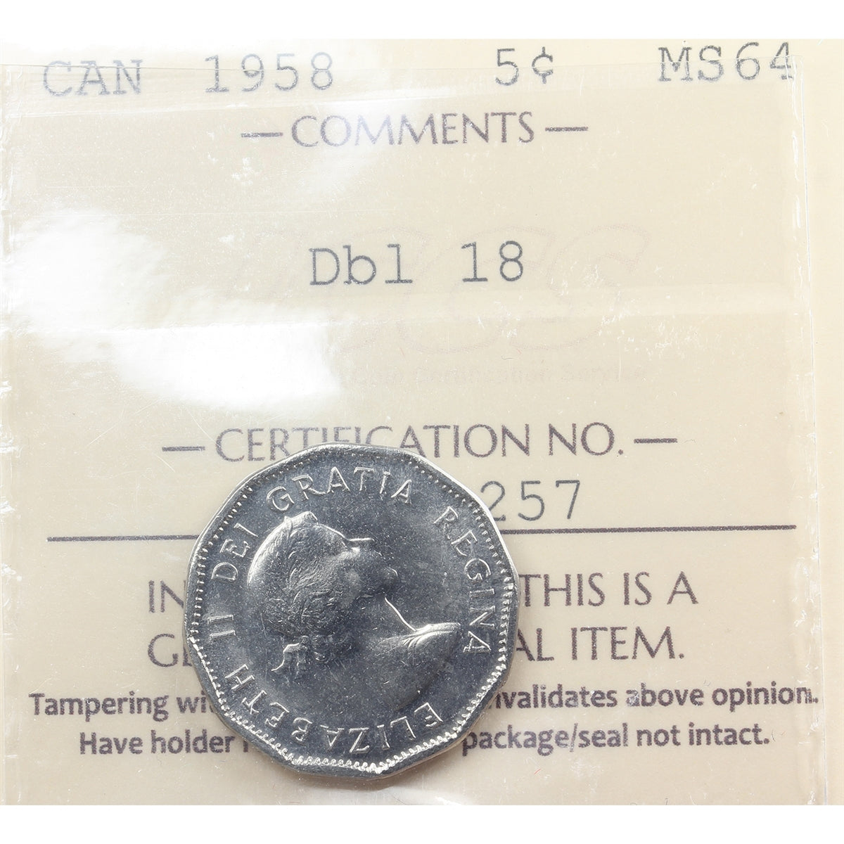 1958 Dbl 18 Canada 5-cents ICCS Certified MS64 – Colonial Acres Coins