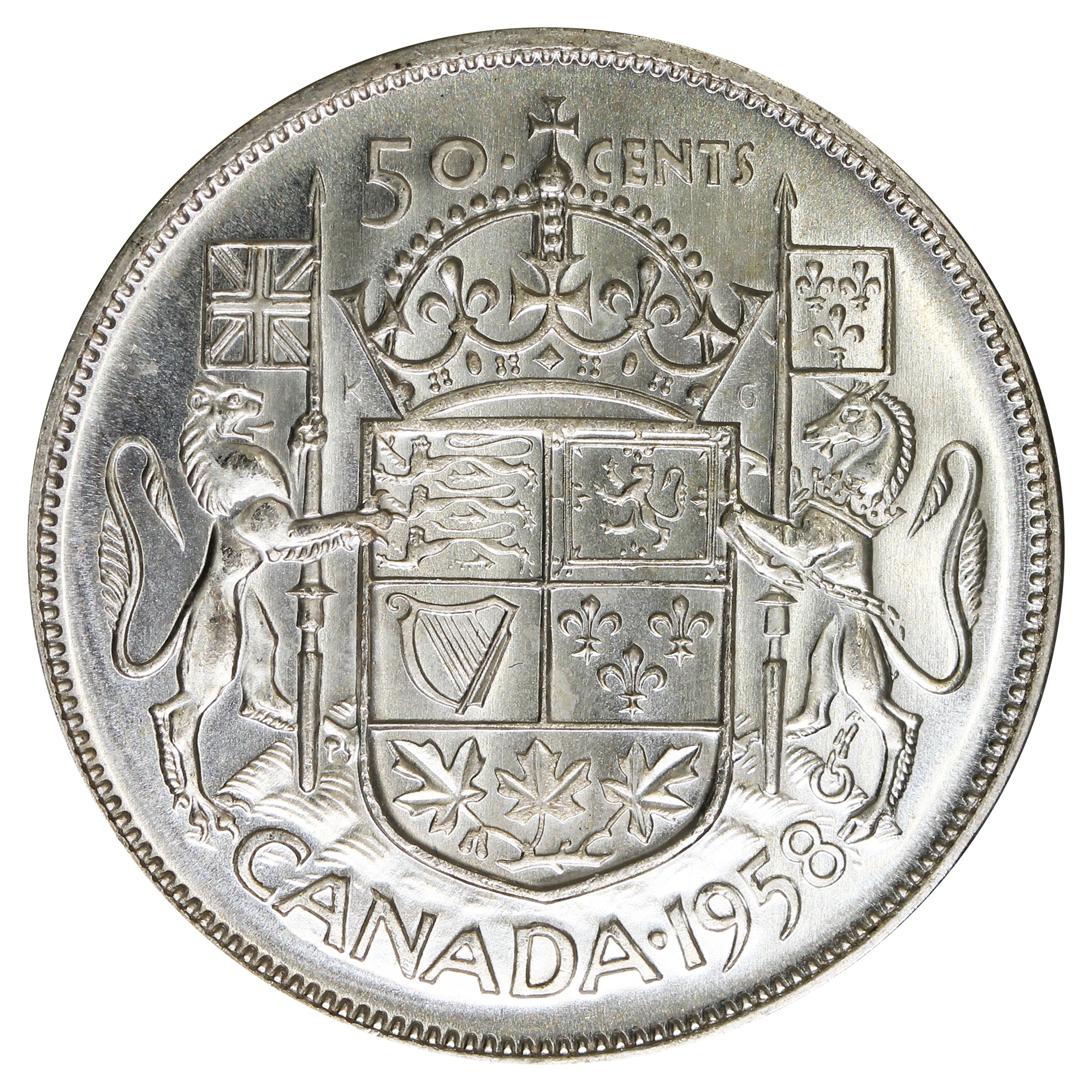 1958 Canada 50-cents Brilliant Uncirculated (MS63) – Colonial Acres Coins