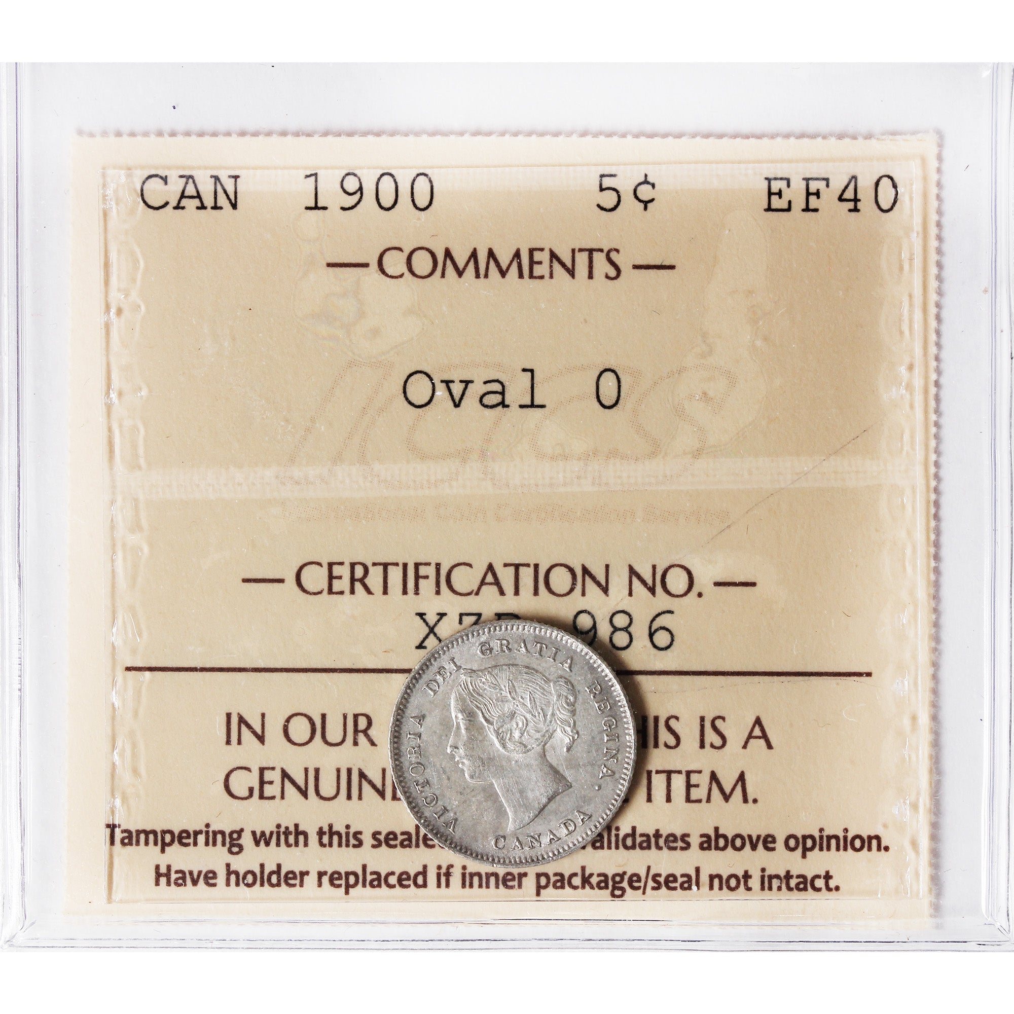 1900 Oval 0 Canada 5-cents ICCS Certified EF40 – Colonial Acres Coins
