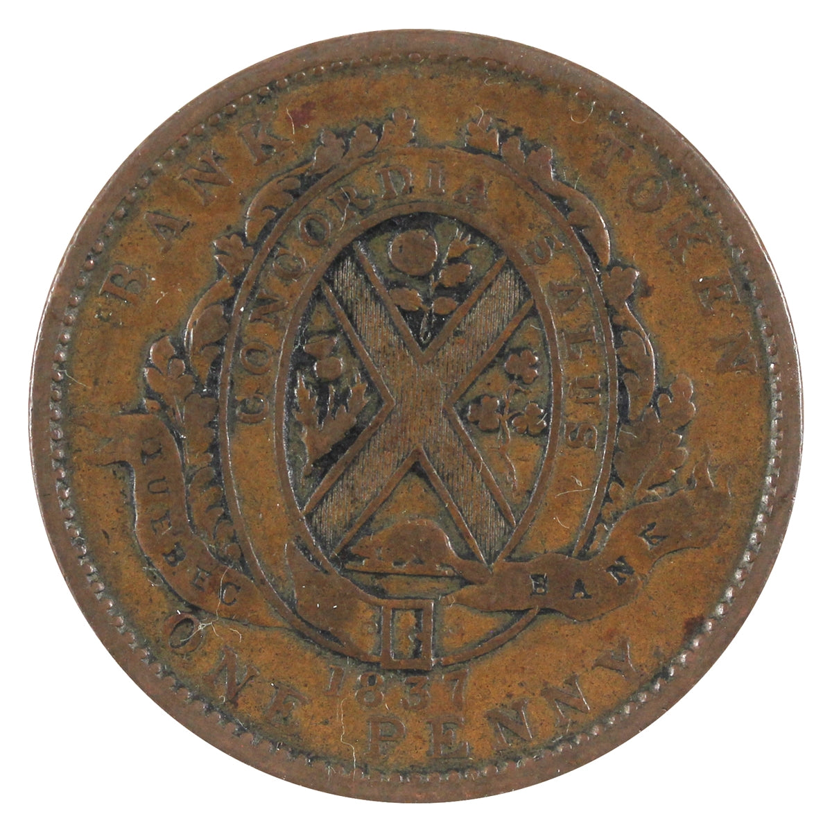 LC-9B2 1837 Lower Canada Quebec Bank One Penny Token Fine (F-12) – Colonial Acres Coins
