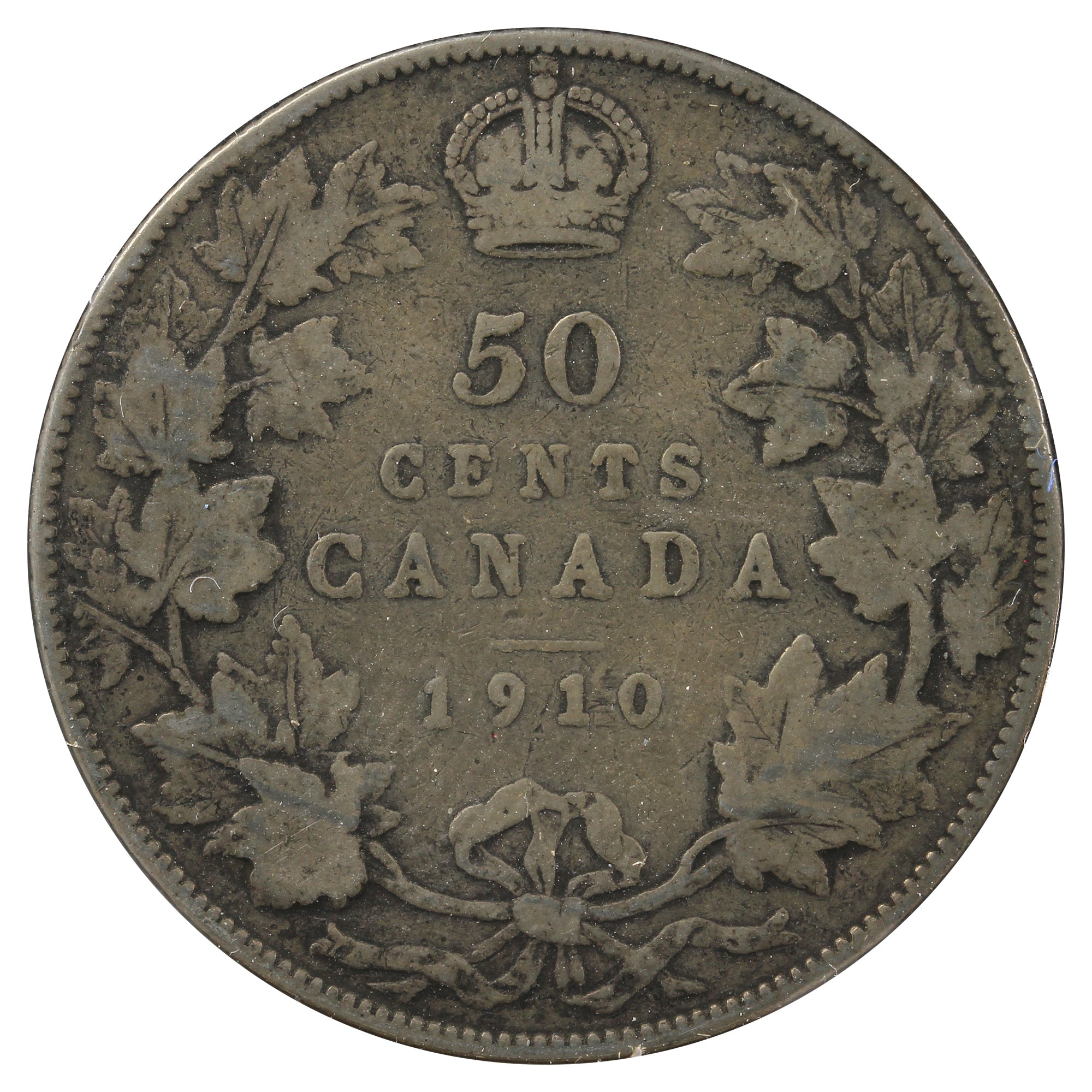 1910 Edwardian Leaves Canada 50-Cents, G-VG (G6) Scratched, Cleaned or – Colonial Acres Coins
