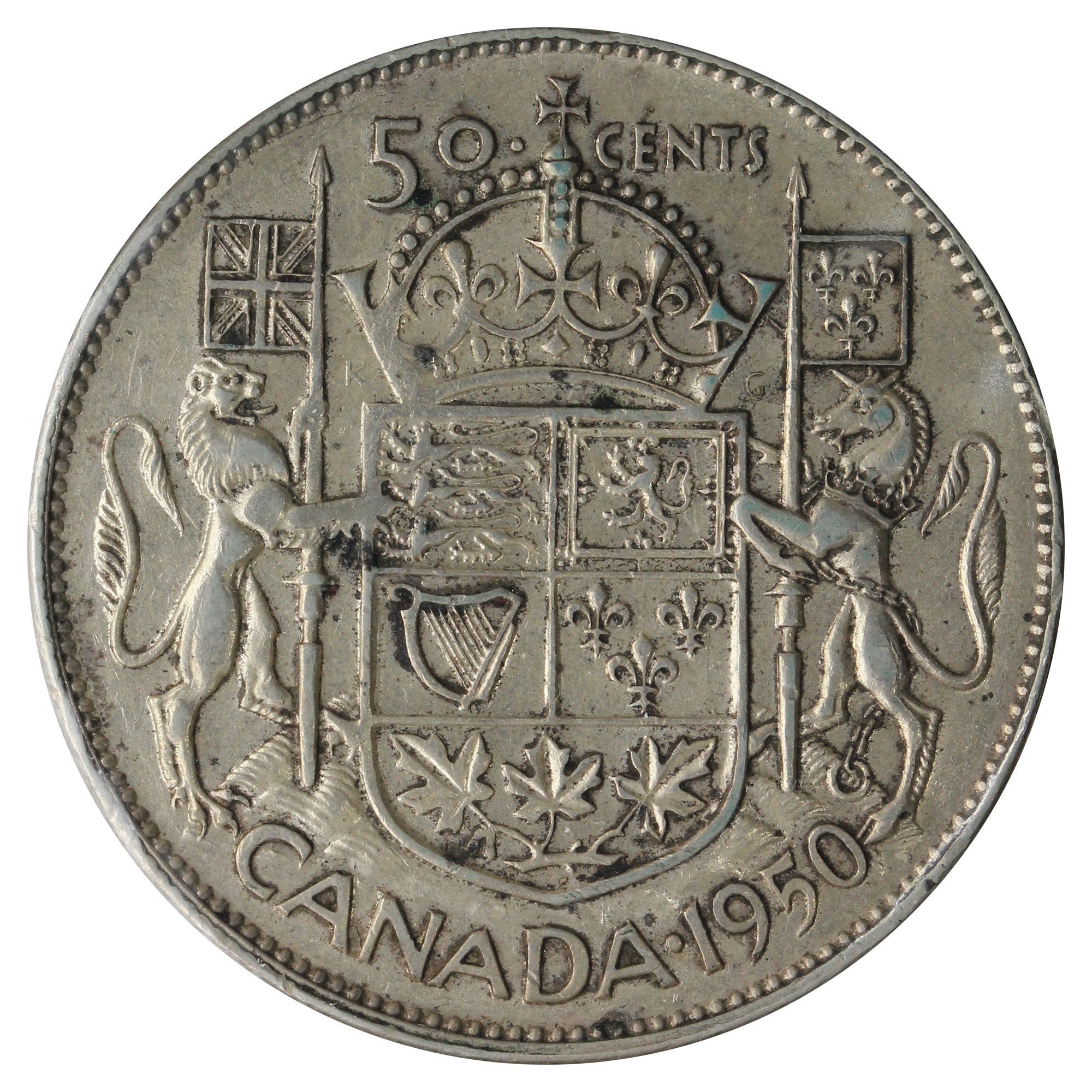 1950 Canada Half Design 50-Cents Very Fine (VF20) Scratched, Cleaned o – Colonial Acres Coins
