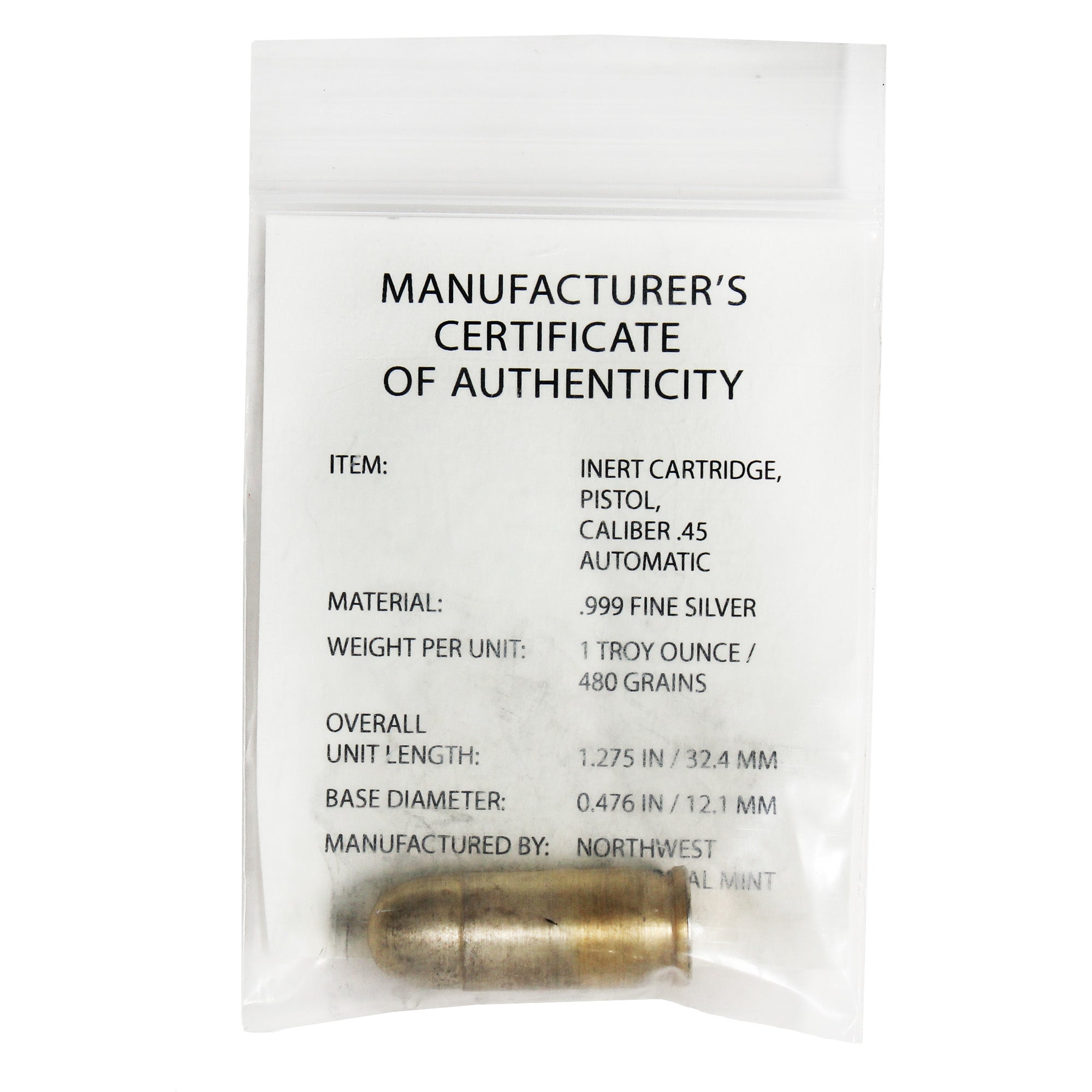 1oz. .999 Fine Silver Bullet .45 Caliber Automatic (No Tax) Toned ...