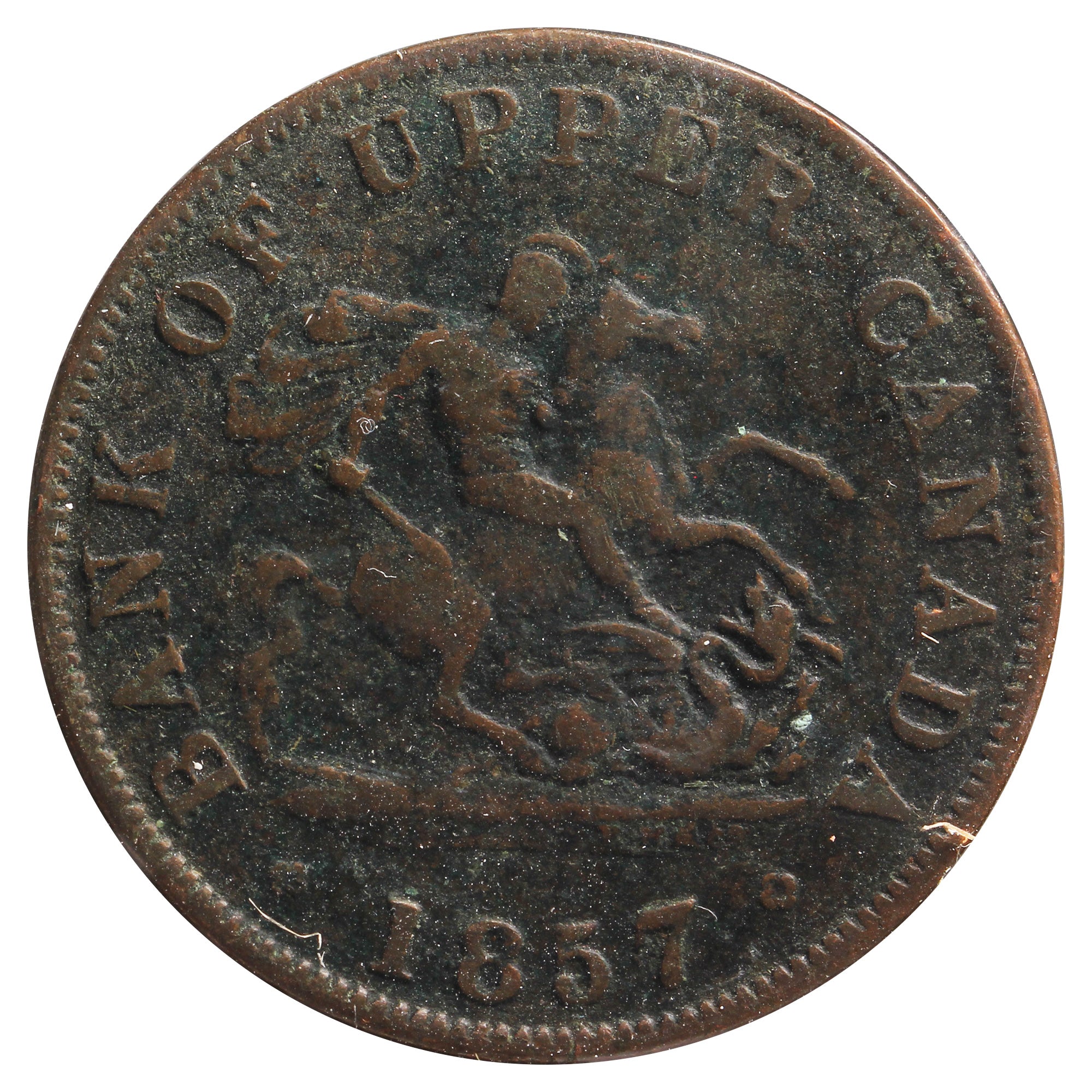 PC-5D 1857 Upper Canada Penny Token Fine (F12) Scratched, Cleaned or I – Colonial Acres Coins