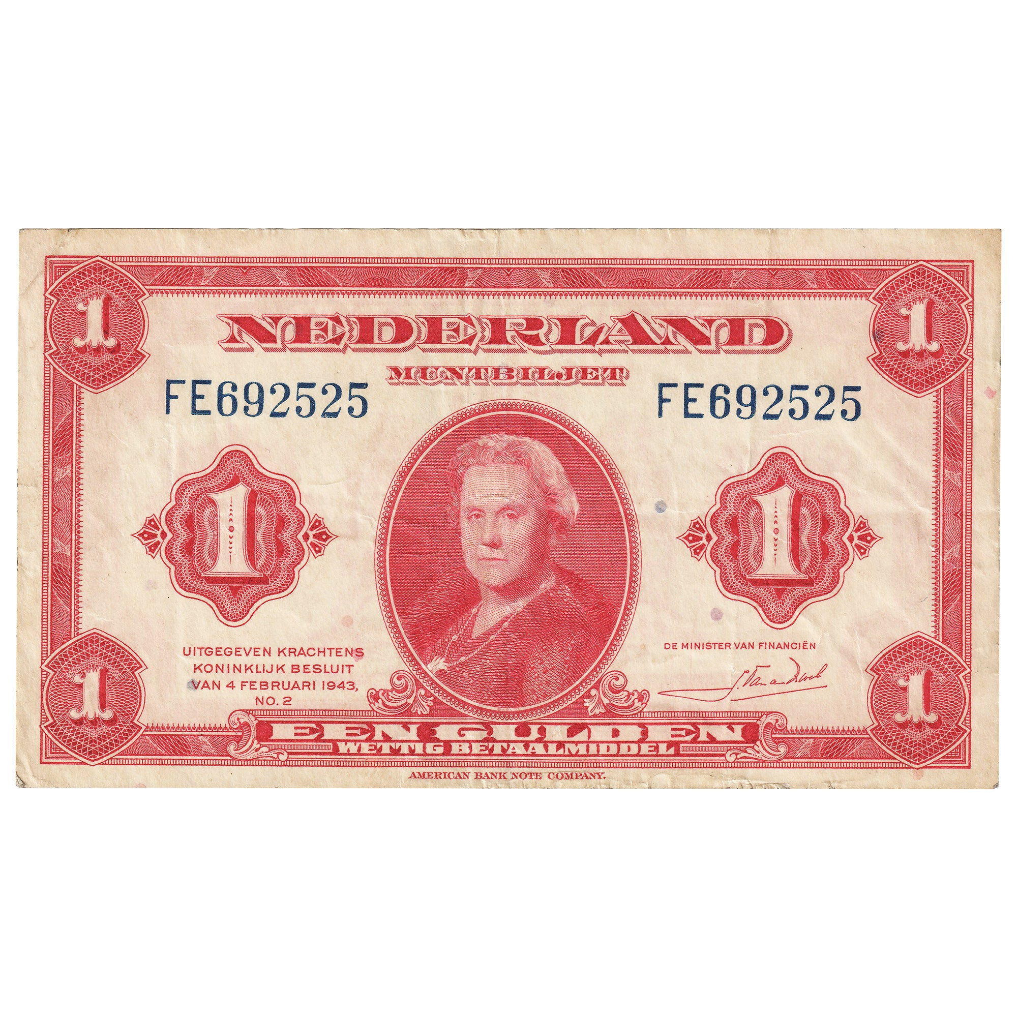 Netherlands 1943 1 Gulden Note, Pick #64a, VF-EF – Colonial Acres Coins