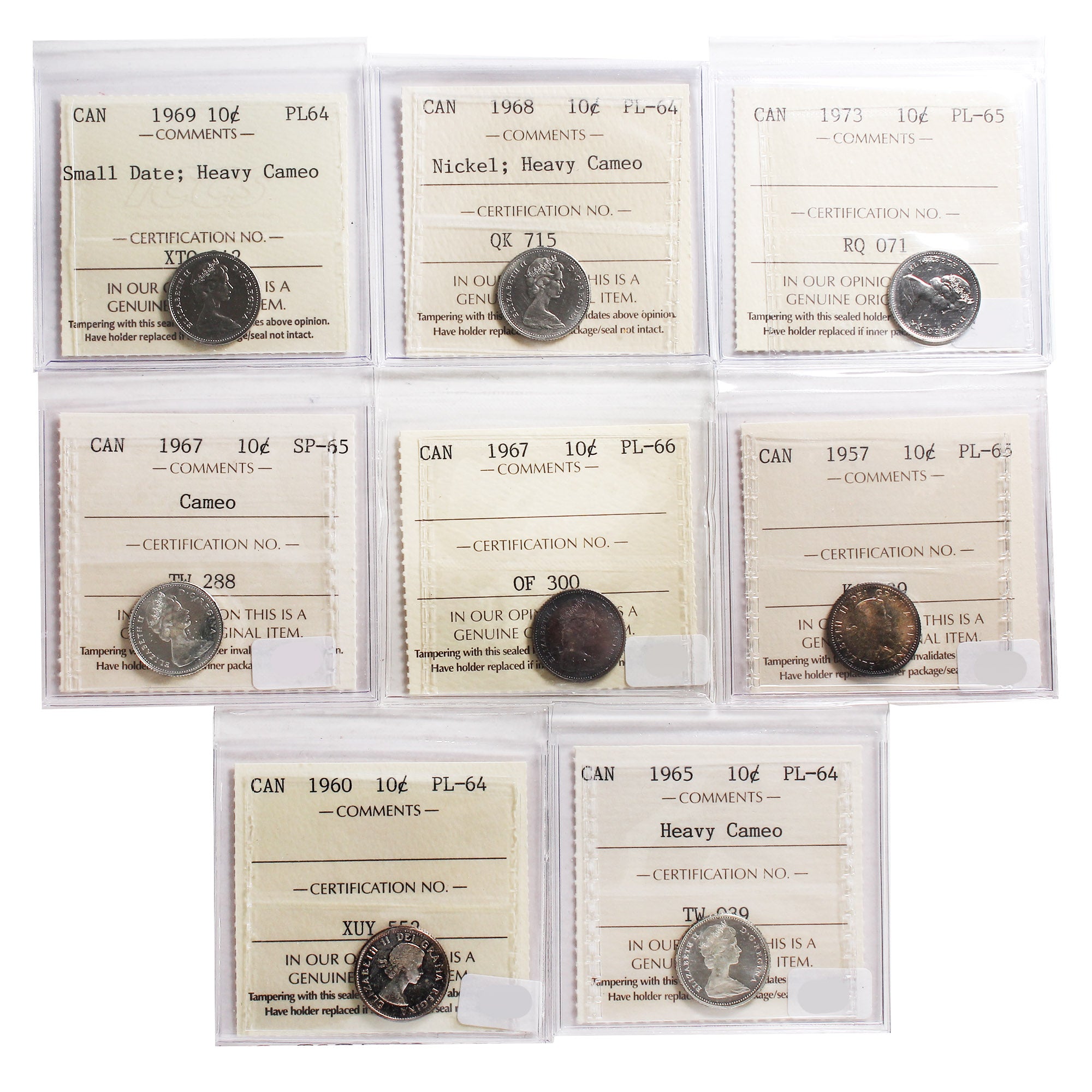 Lot of 8x 1957-1973 Canada 10-Cents ICCS Cert. PL64 to SP65, 8Pcs. – Colonial Acres Coins